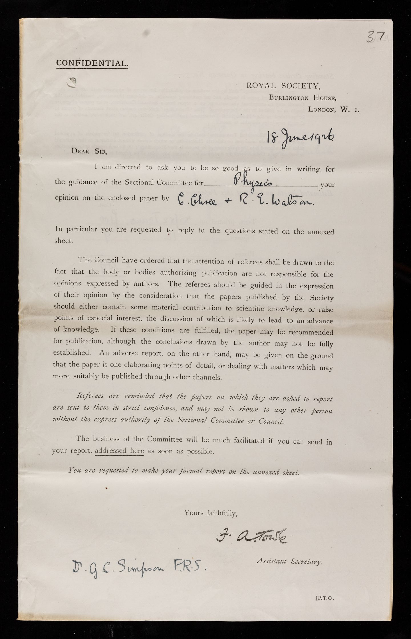 Referee's report by George Clarke Simpson, on a paper 'A comparison of ...