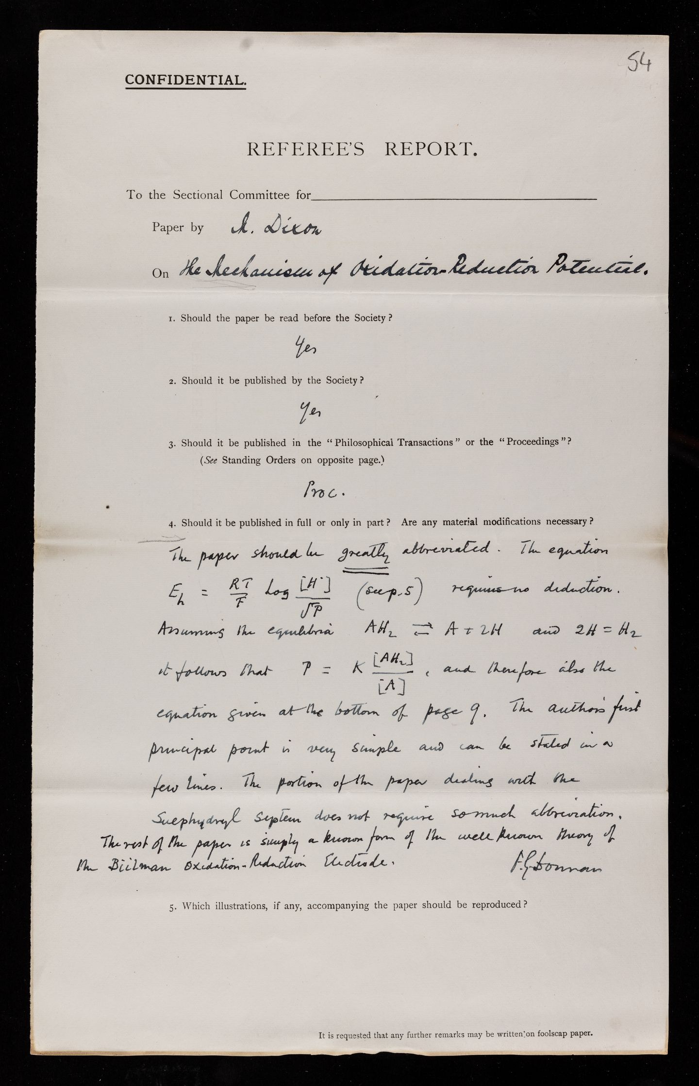 Referee's report by Frederick George Donnan, on a paper 'On the mechanism of oxidation-reduction ...