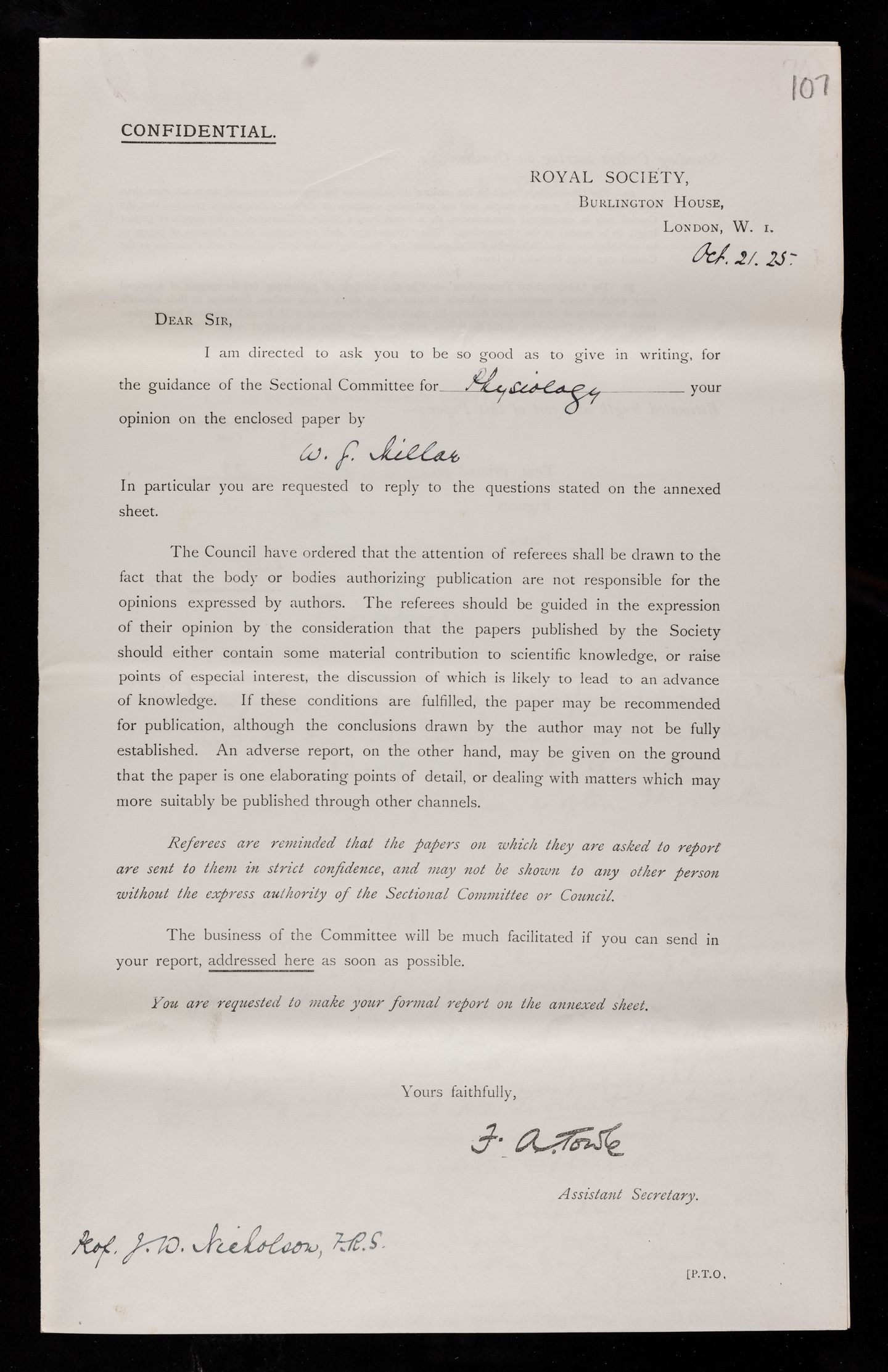 Referee's report by John William Nicholson, on a paper 'The diffraction ...