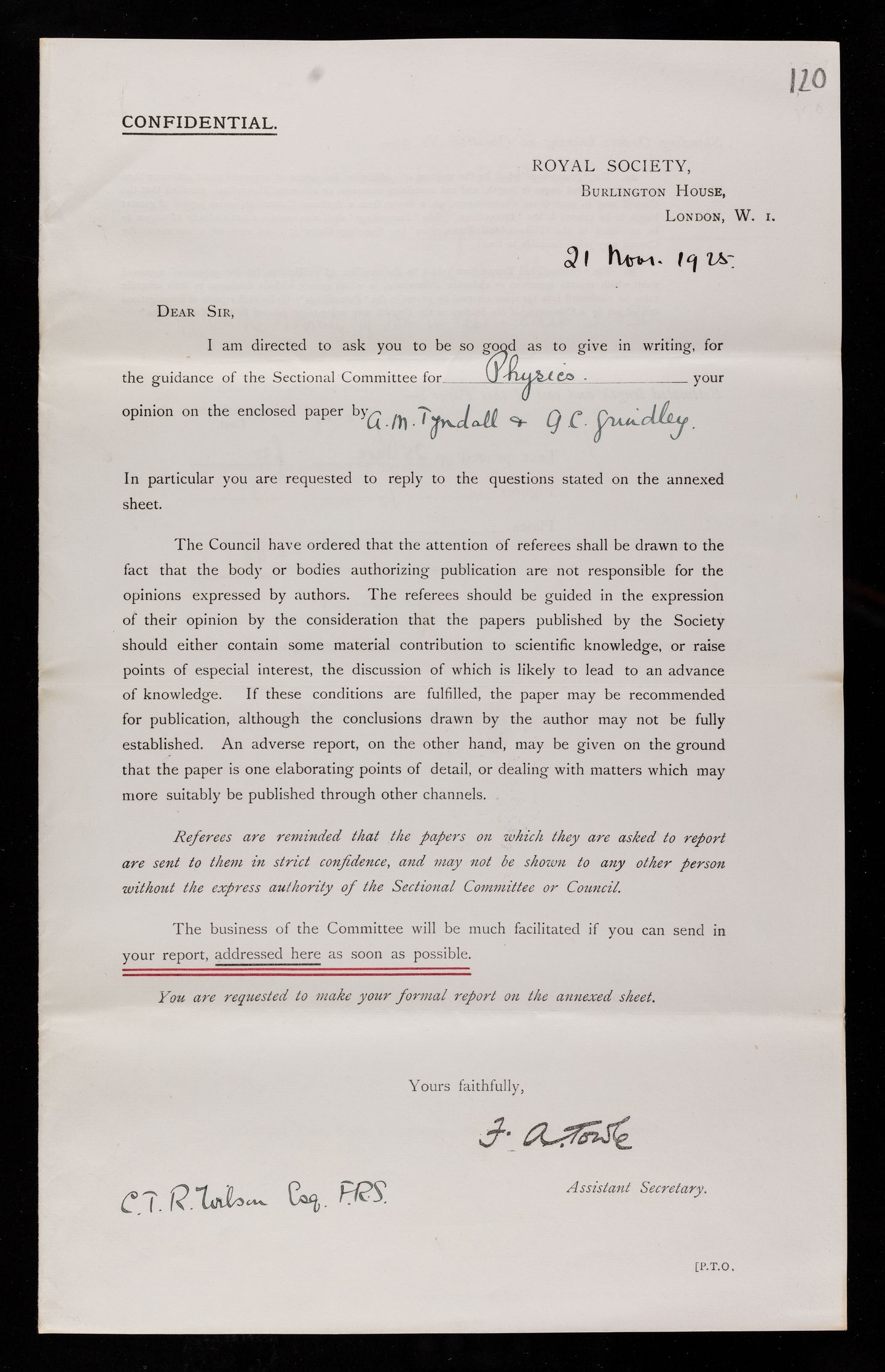 Referee's report by Charles Thomson Rees Wilson, on two papers 'The ...