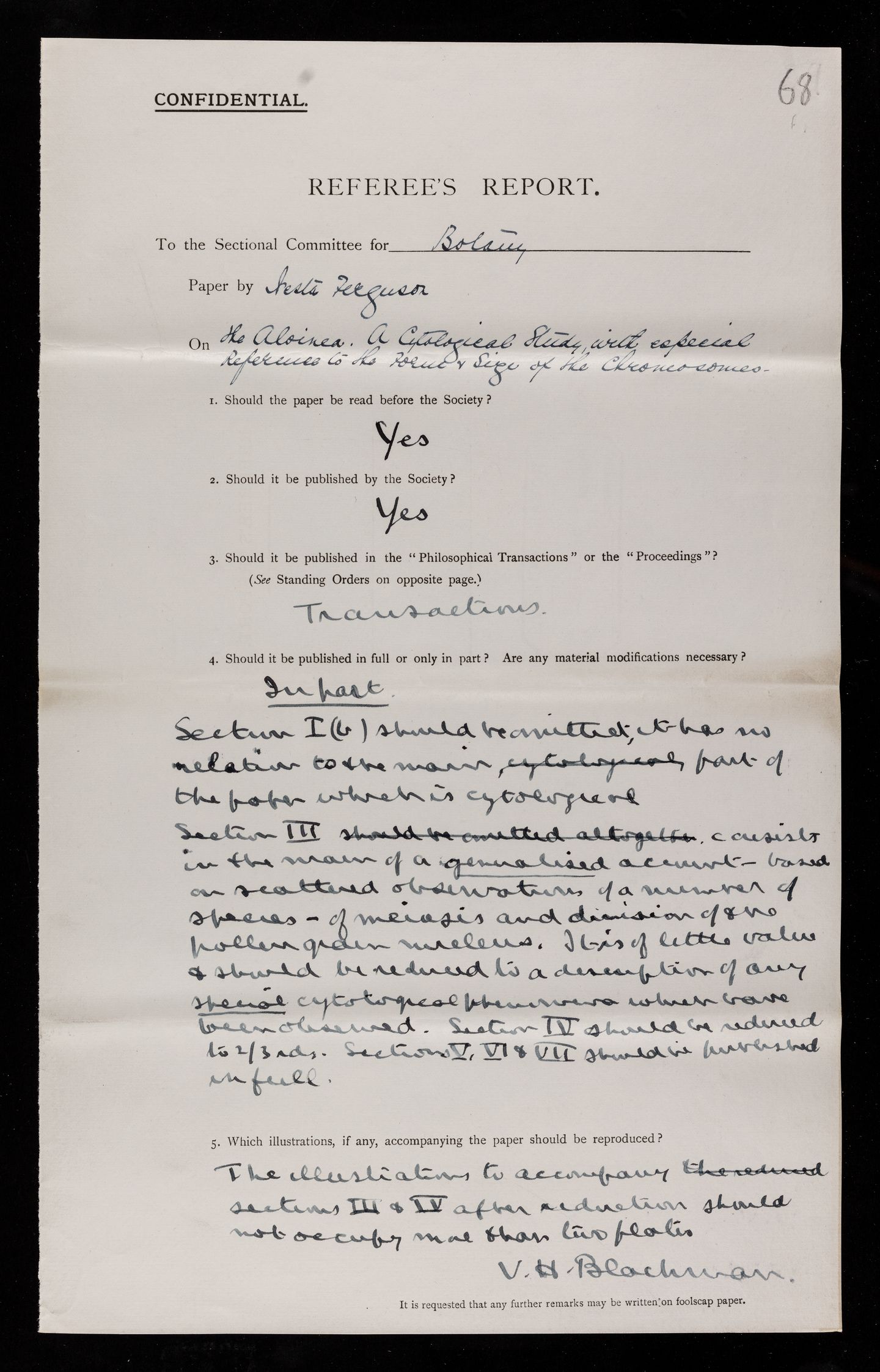 Referee's report by Vernon Herbert Blackman, on a paper 'The aloinae: a cytological study, with ...