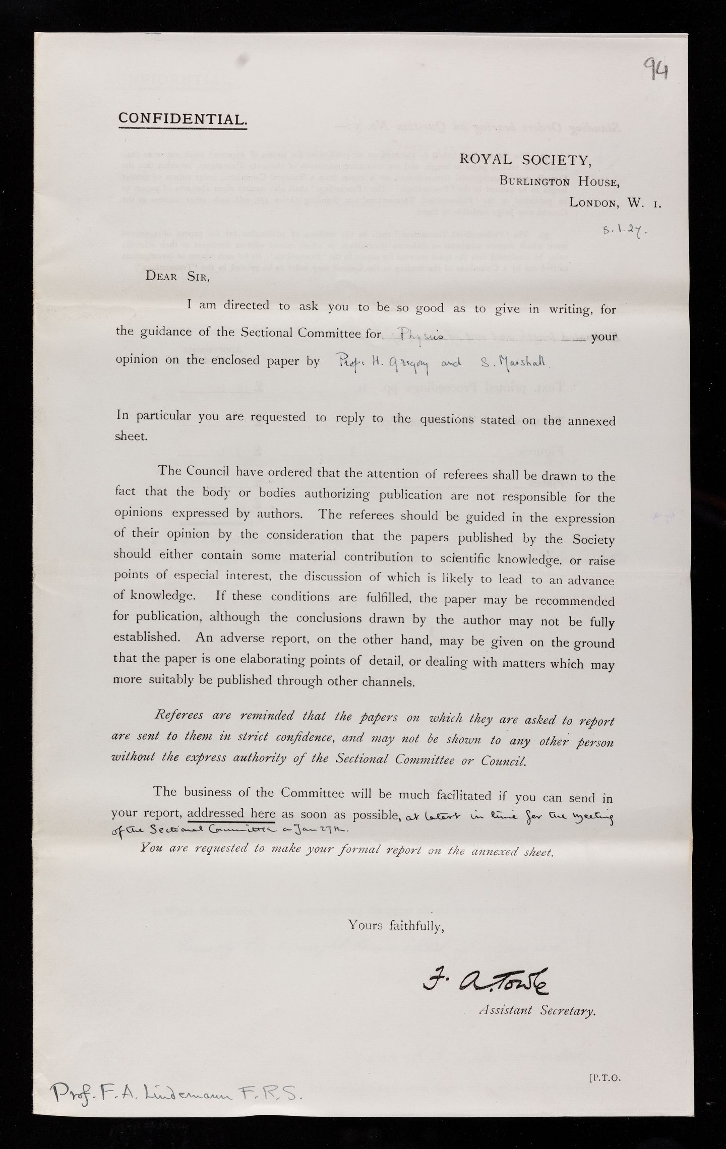 Referee's report by Frederick Alexander Lindemann, on a paper 'The ...