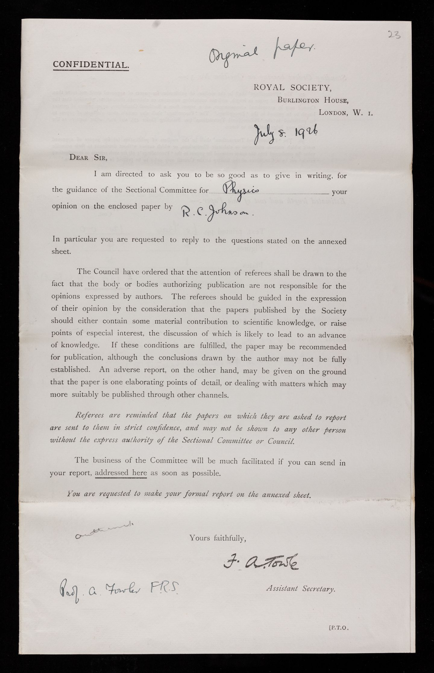 Referee's report by Alfred Fowler, on a paper 'The structure and origin ...