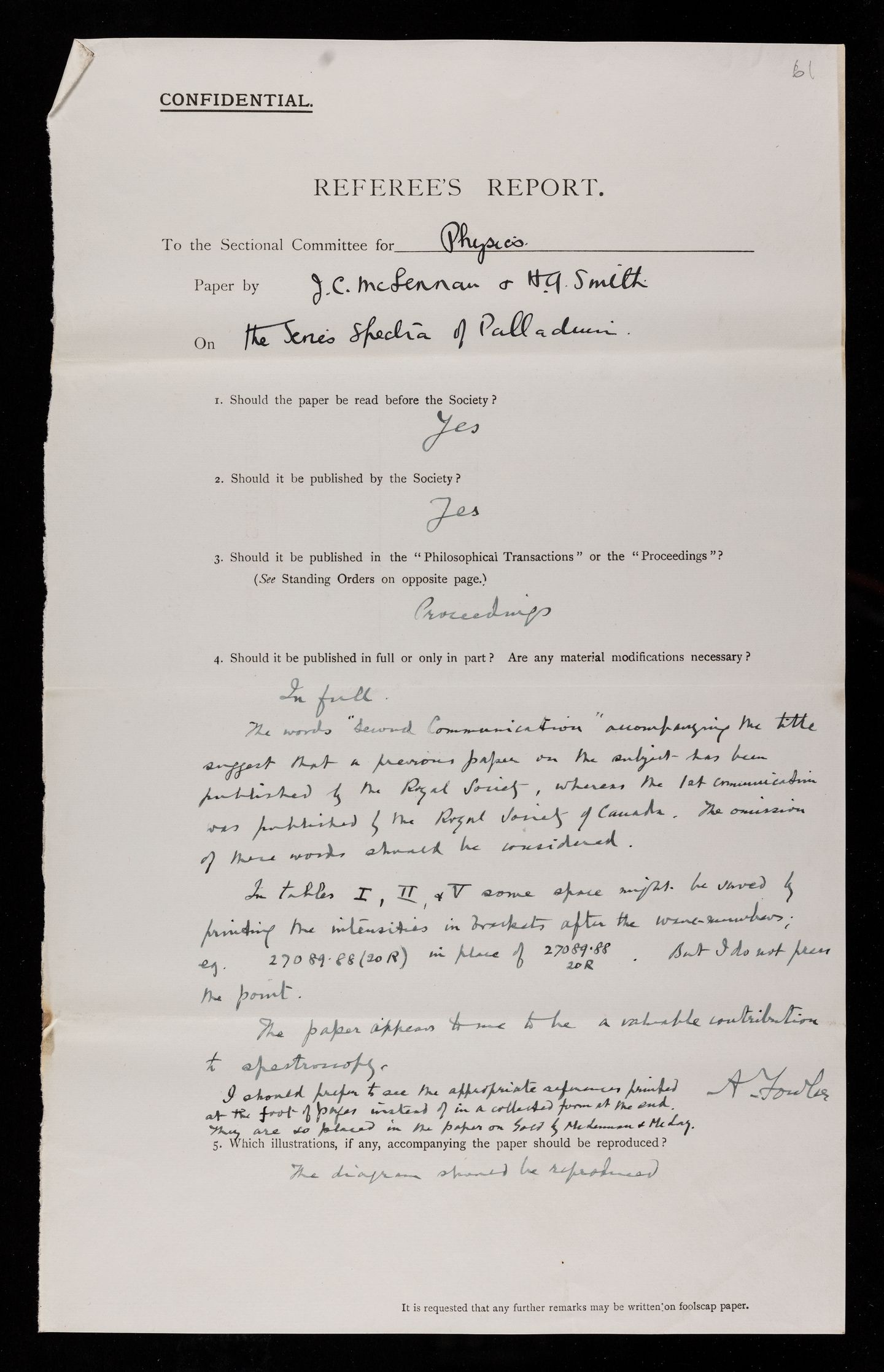 Referee's report by Alfred Fowler, on a paper 'On the series spectra of ...