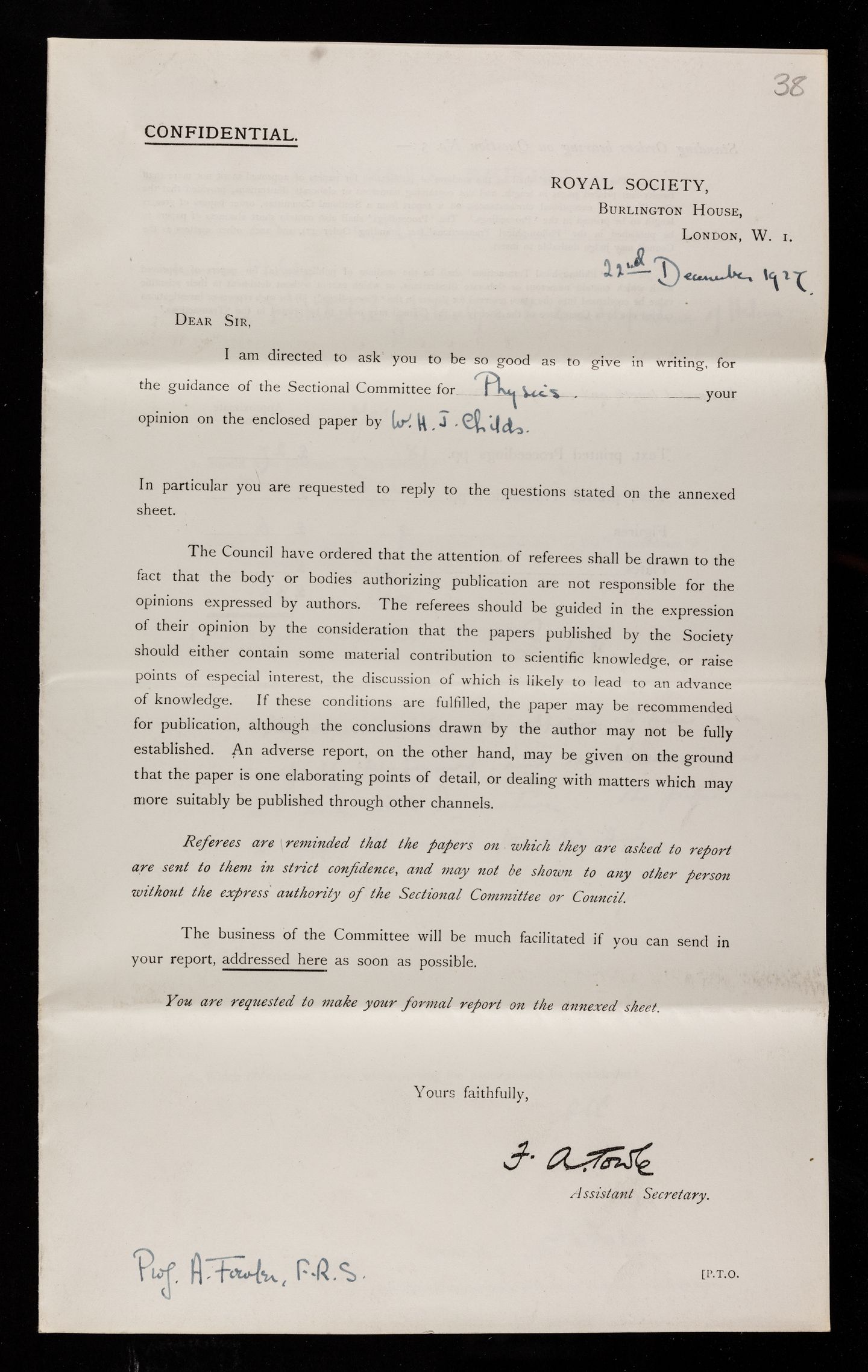 Referee's report by Alfred Fowler, on a paper 'The distribution of ...