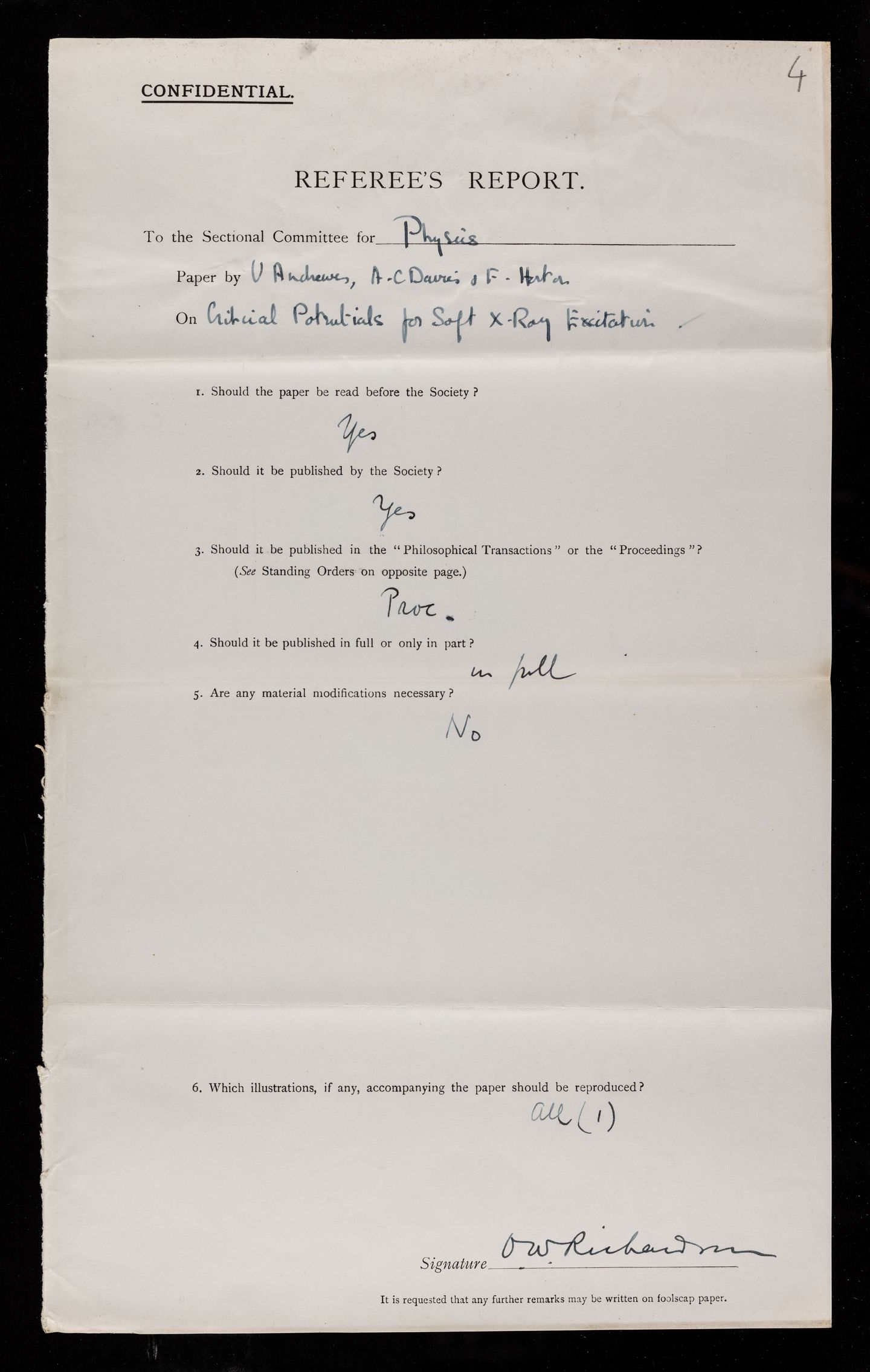 Referee's report by Owen Willans Richardson, on a paper 'Critical ...