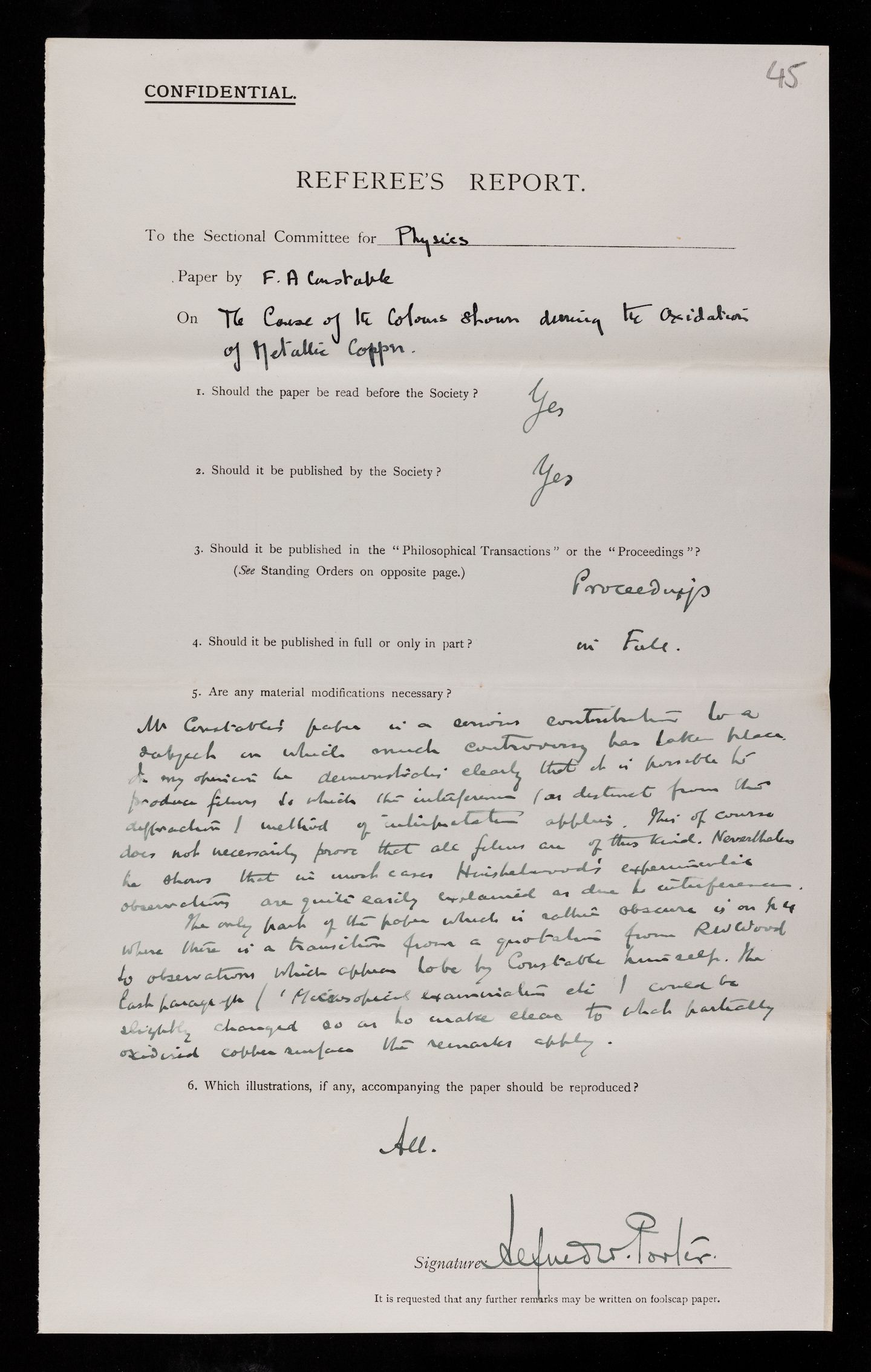 Referee's report by Alfred William Porter, on a paper 'The cause of the ...