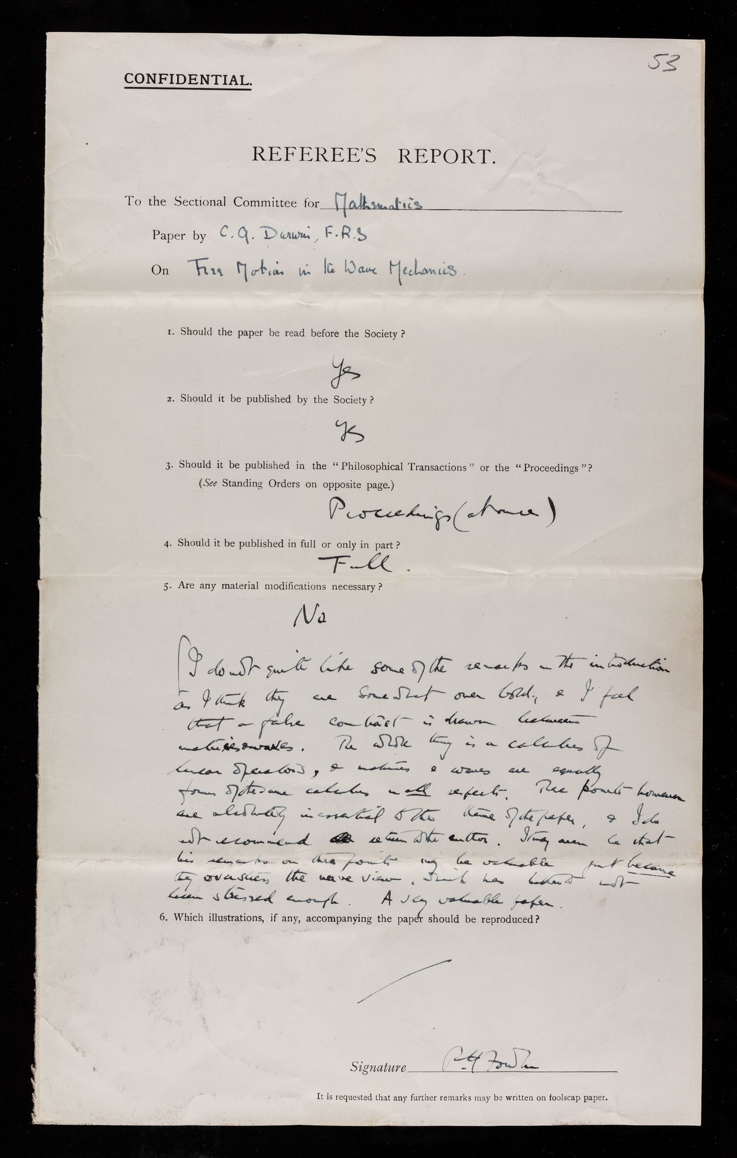 Referee's report by Ralph Howard Fowler, on a paper 'Free motion in the ...