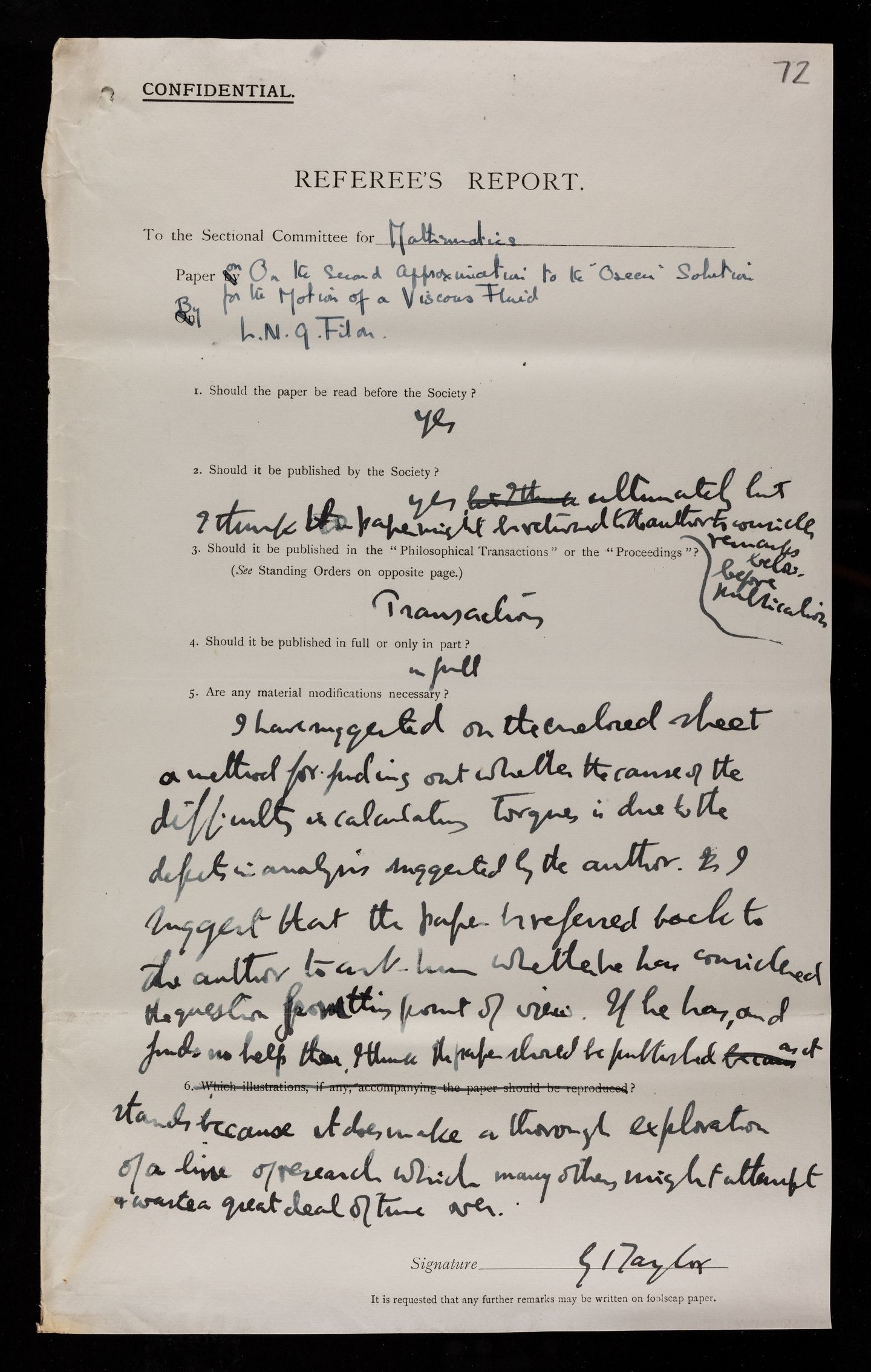 Referee's report by Geoffrey Ingram Taylor, on a paper 'On the second ...