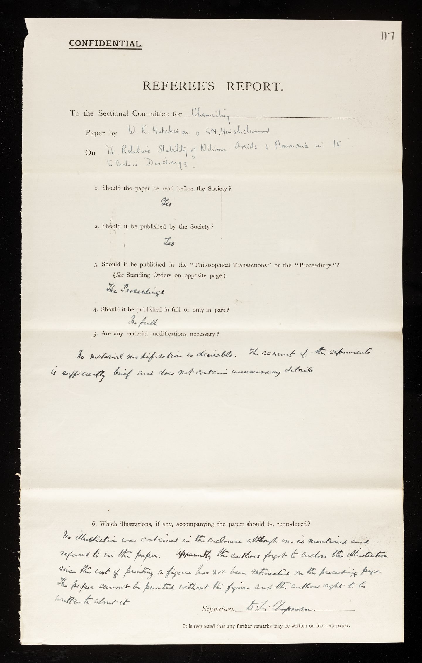 Referee's report by David Leonard Chapman, on a paper 'The relative stability of nitrous oxide ...