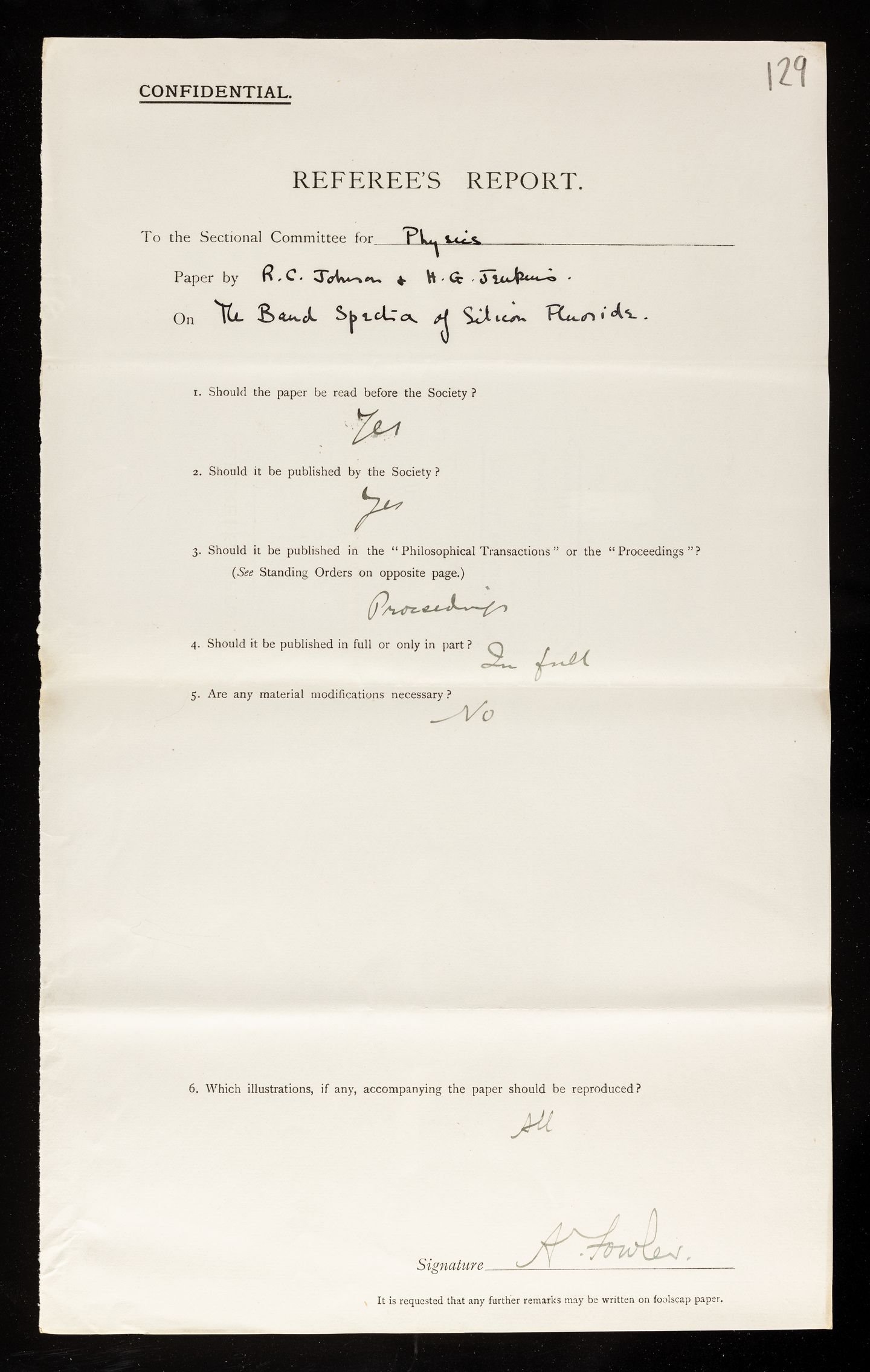 Second referee's report by Alfred Fowler, on a paper 'The band spectra ...