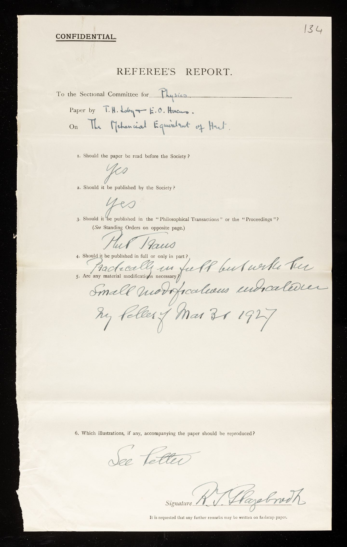 Referee's report by Richard Tetley Glazebrook, on a paper 'The ...