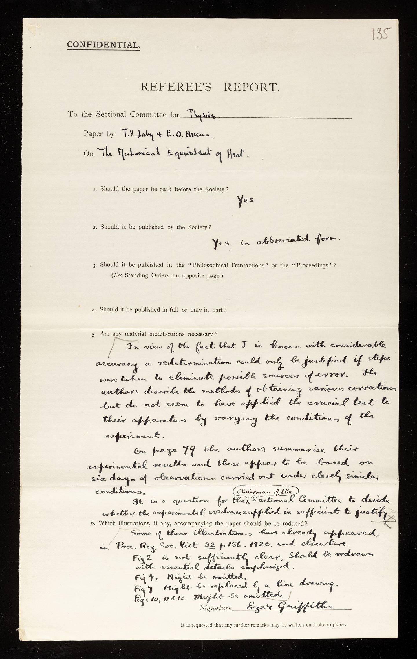 Referee's report by Ezer Griffiths, on a paper 'The mechanical ...