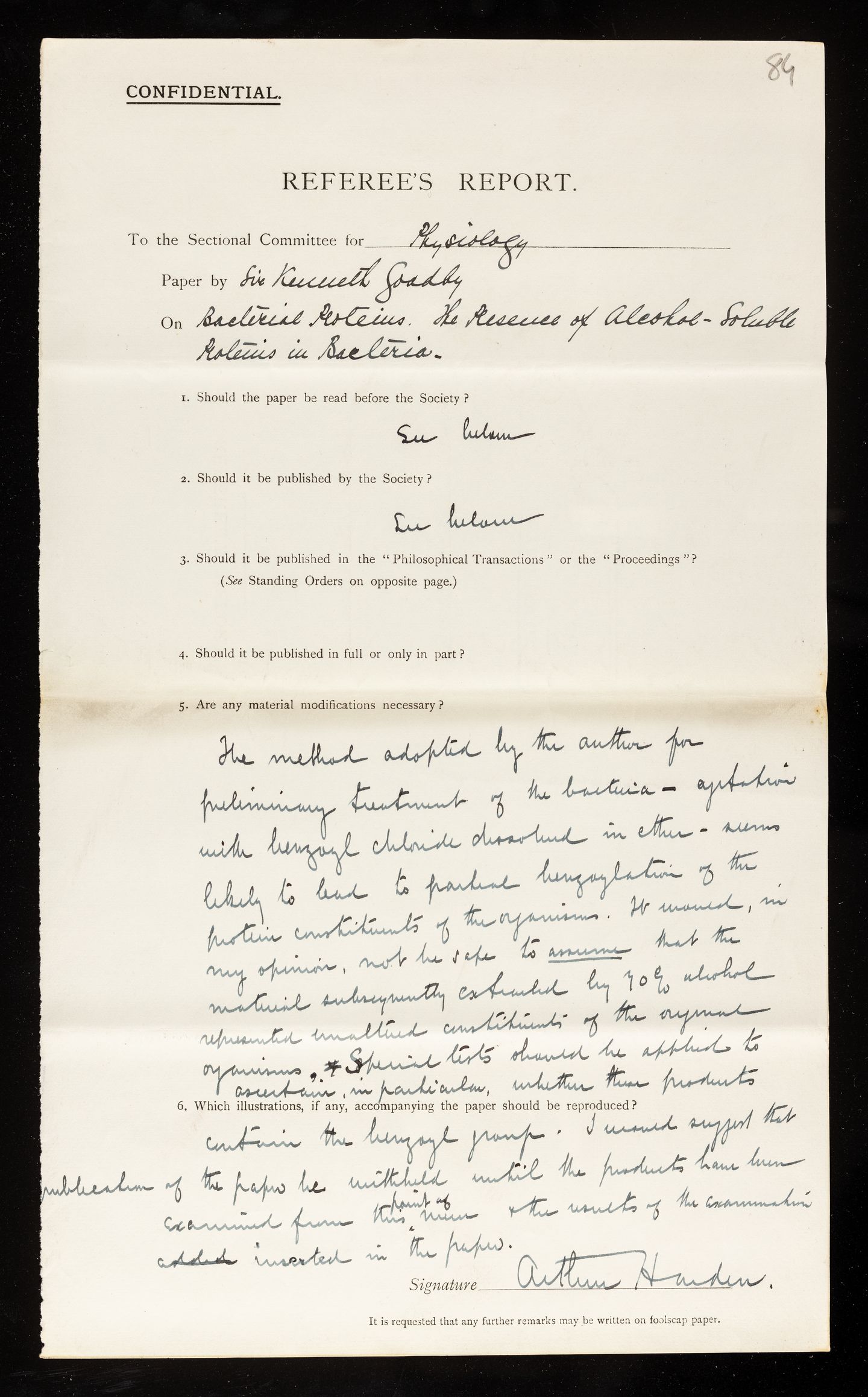 Referee's report by Arthur Harden, on a paper 'Bacterial proteins. The ...