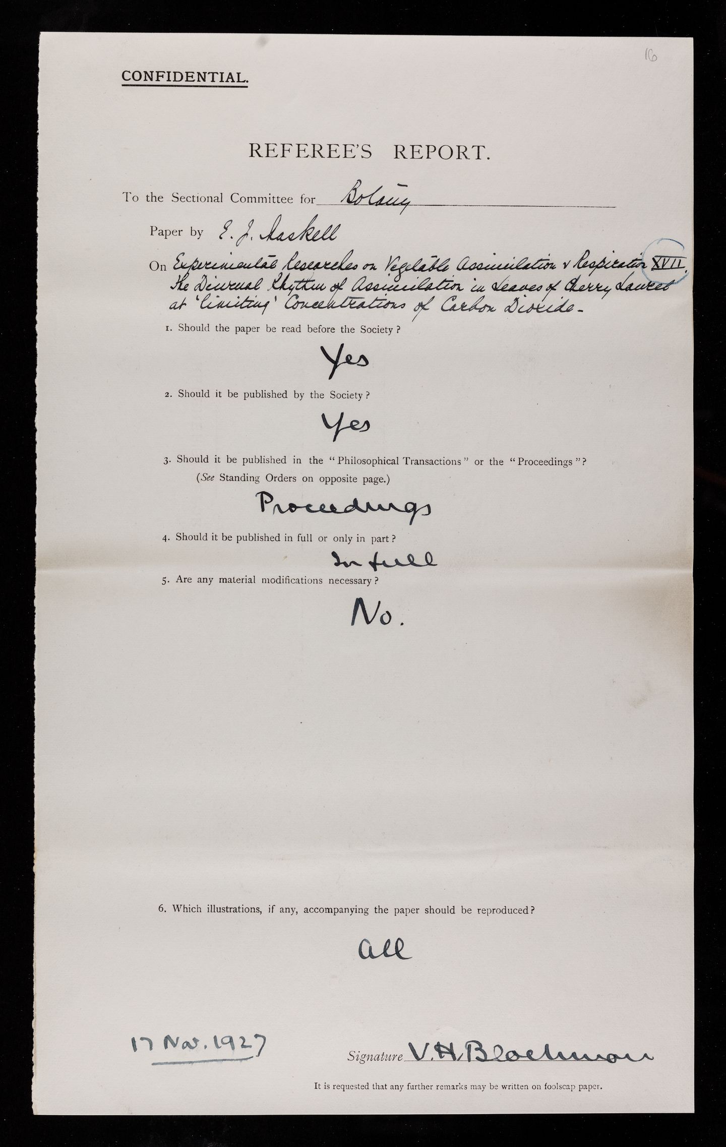 Referee's report by Vernon Herbert Blackman, on a paper 'Experimental researches on vegetable ...
