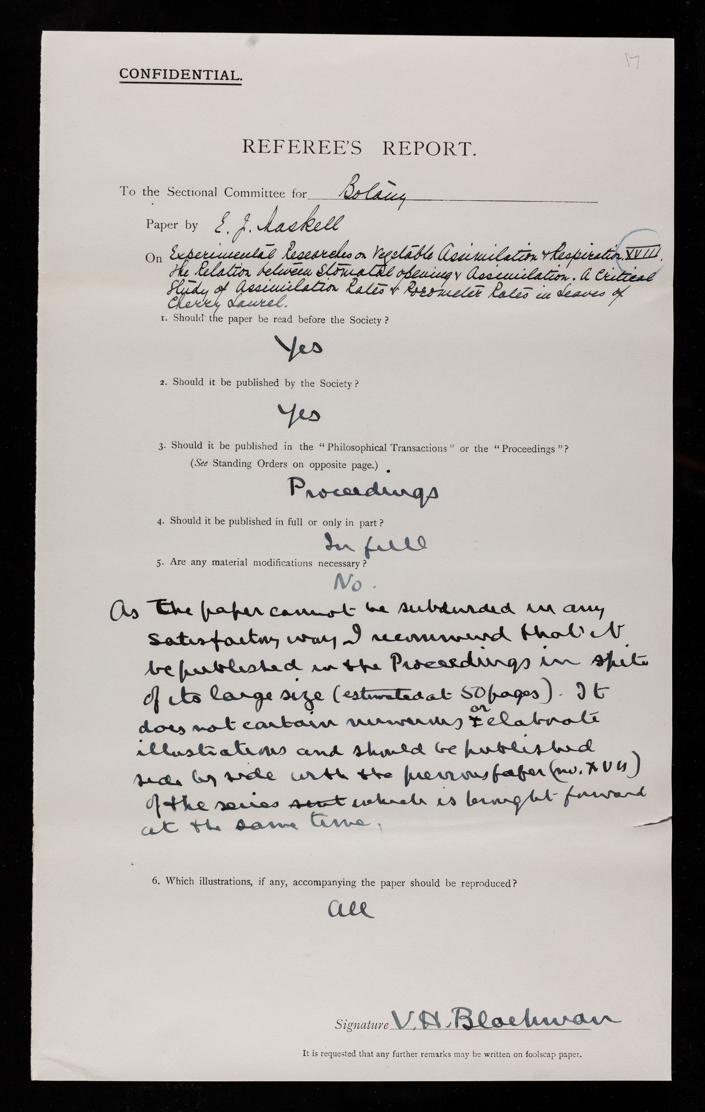 Referee's report by Vernon Herbert Blackman, on a paper 'Experimental researches on vegetable ...