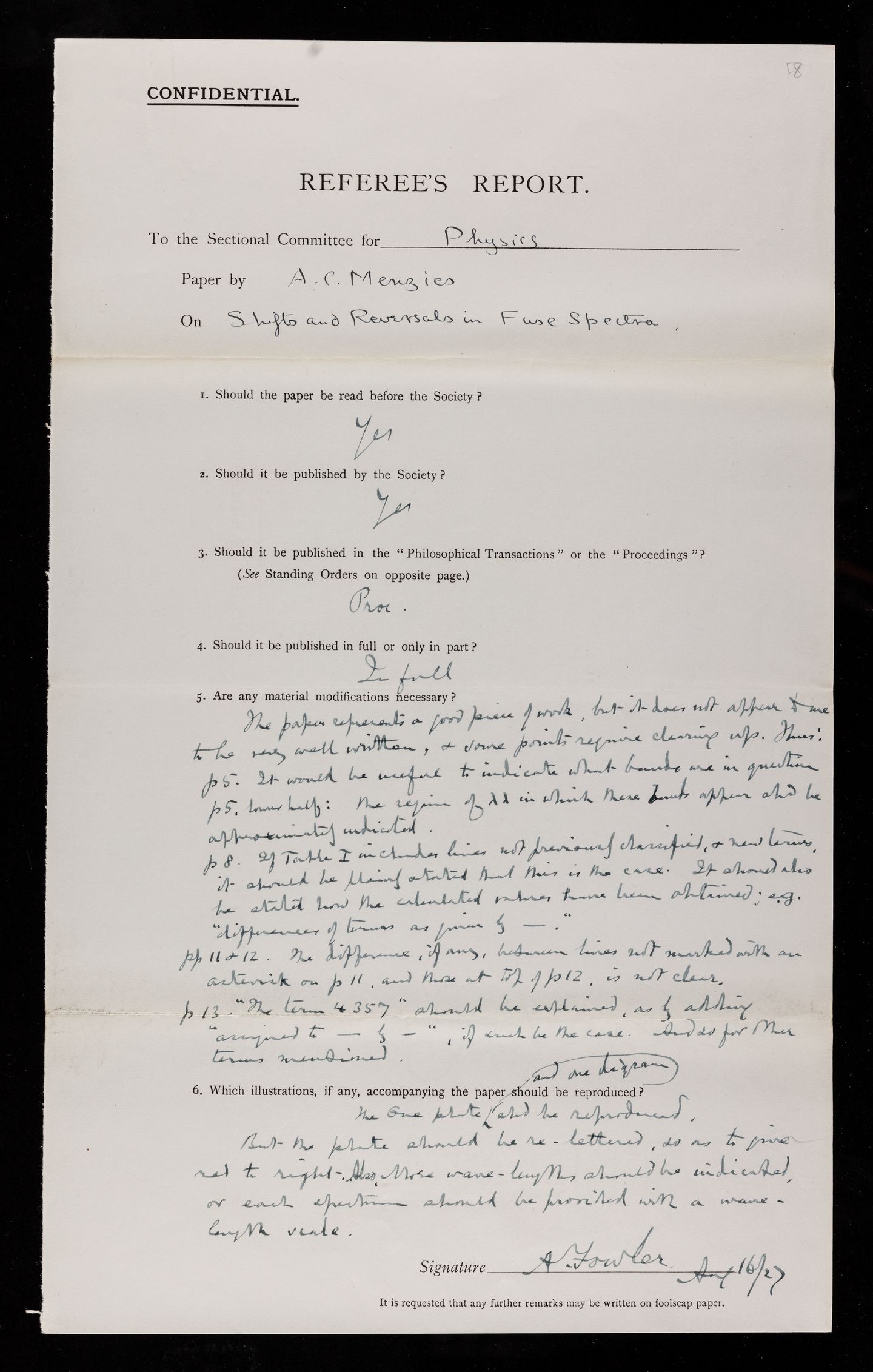 Referee's report by Alfred Fowler, on a paper 'Shifts and reversals in fuse-spectra' by A C ...