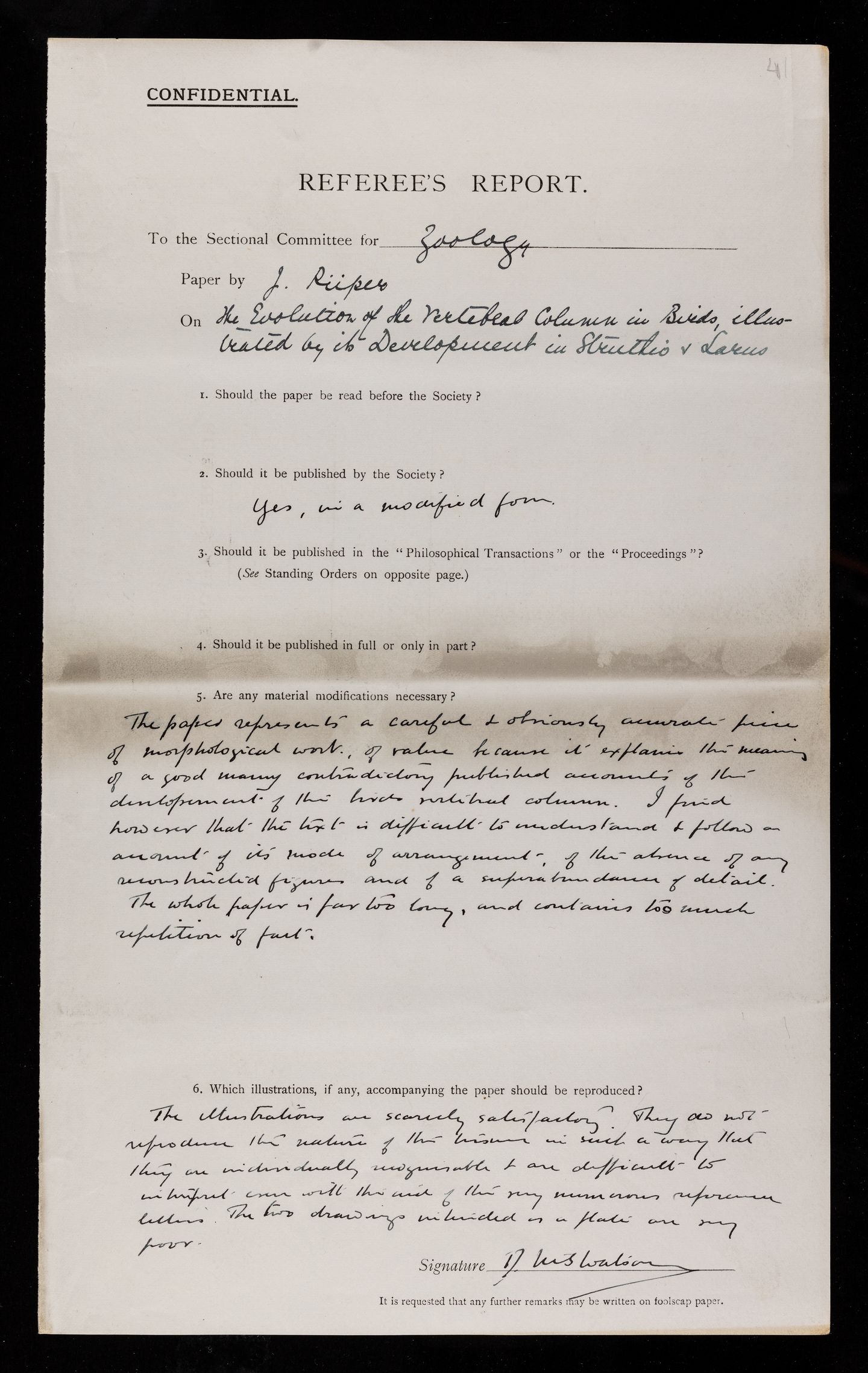 Referee's report by David Meredith Seares Watson, on a paper 'On the ...