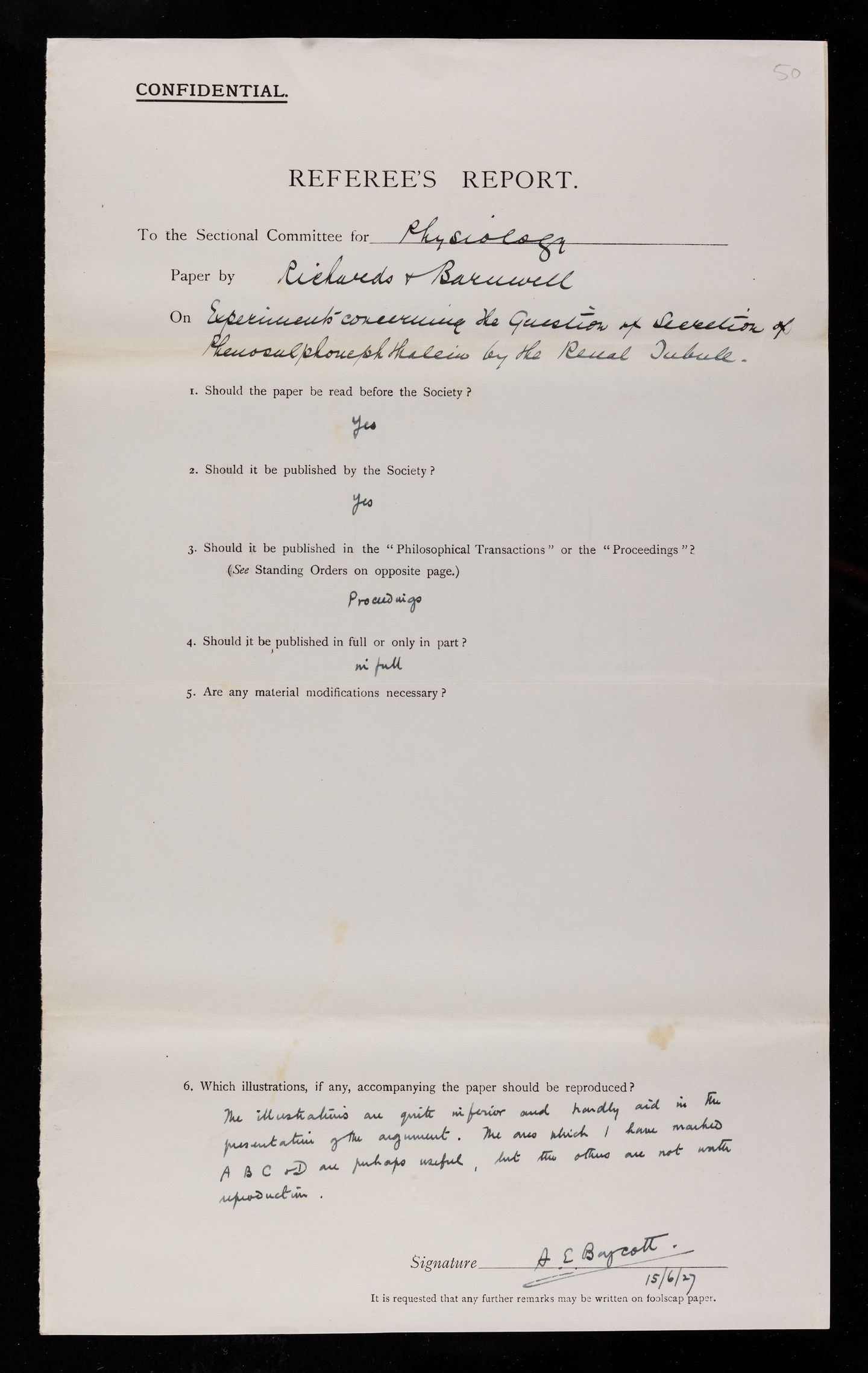 Referee's report by Arthur Edwin Boycott, on a paper 'Experiments concerning the question of ...