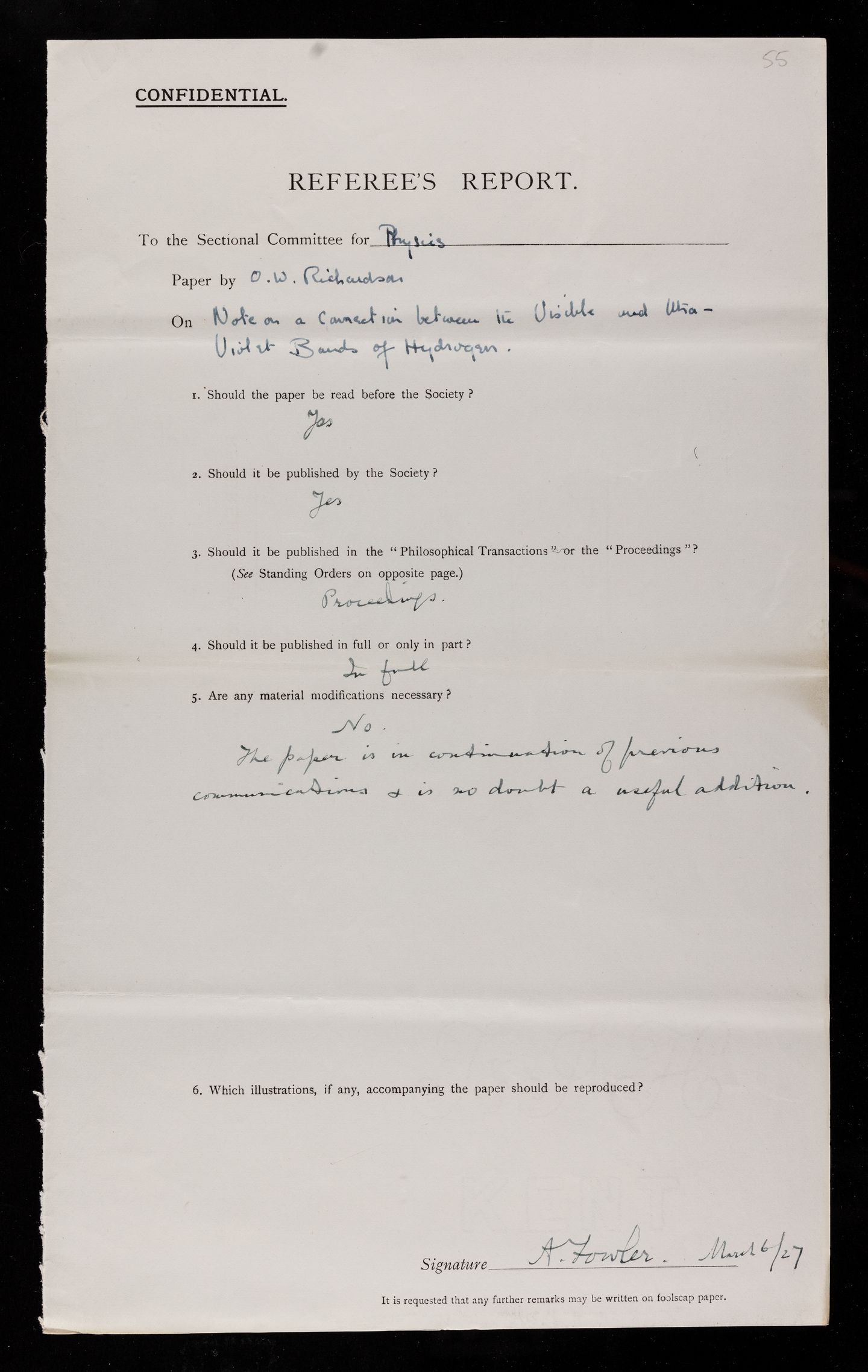 Referee's report by Alfred Fowler, on a paper 'Note on a connection ...
