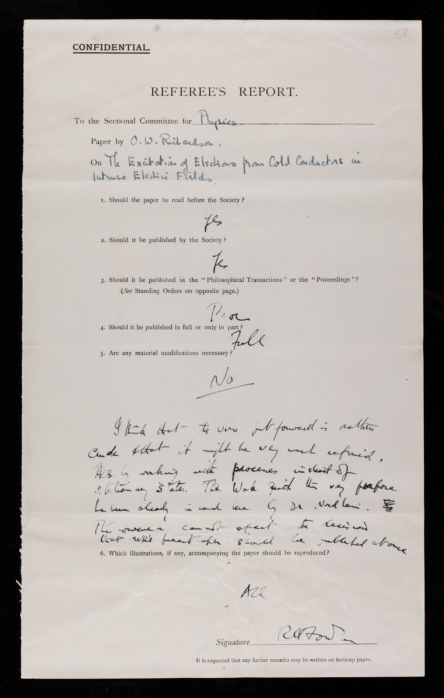 Referee's report by Ralph Howard Fowler, on a paper 'On the extraction ...