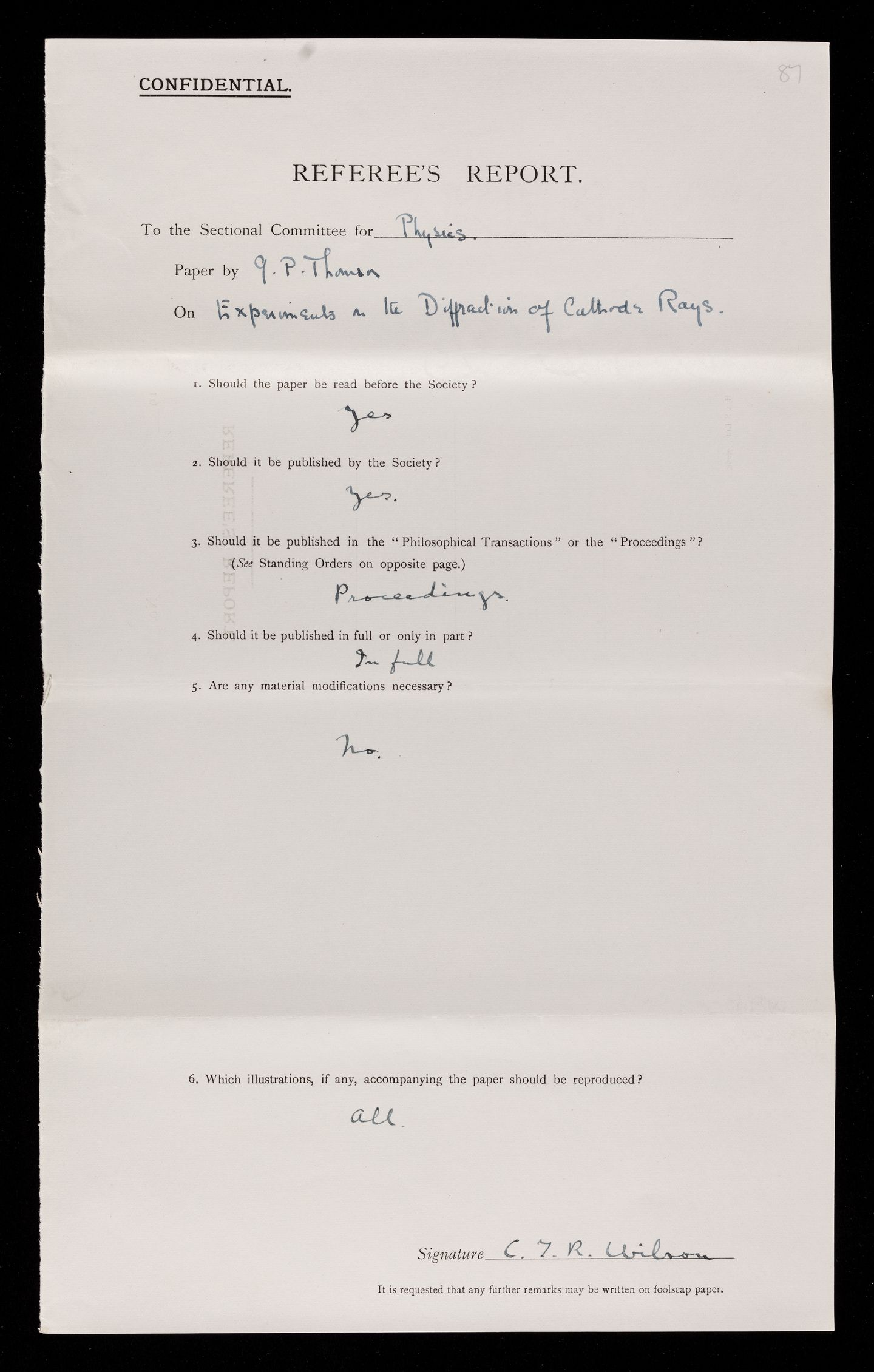 Referee's report by Charles Thomson Rees Wilson, on a paper ...