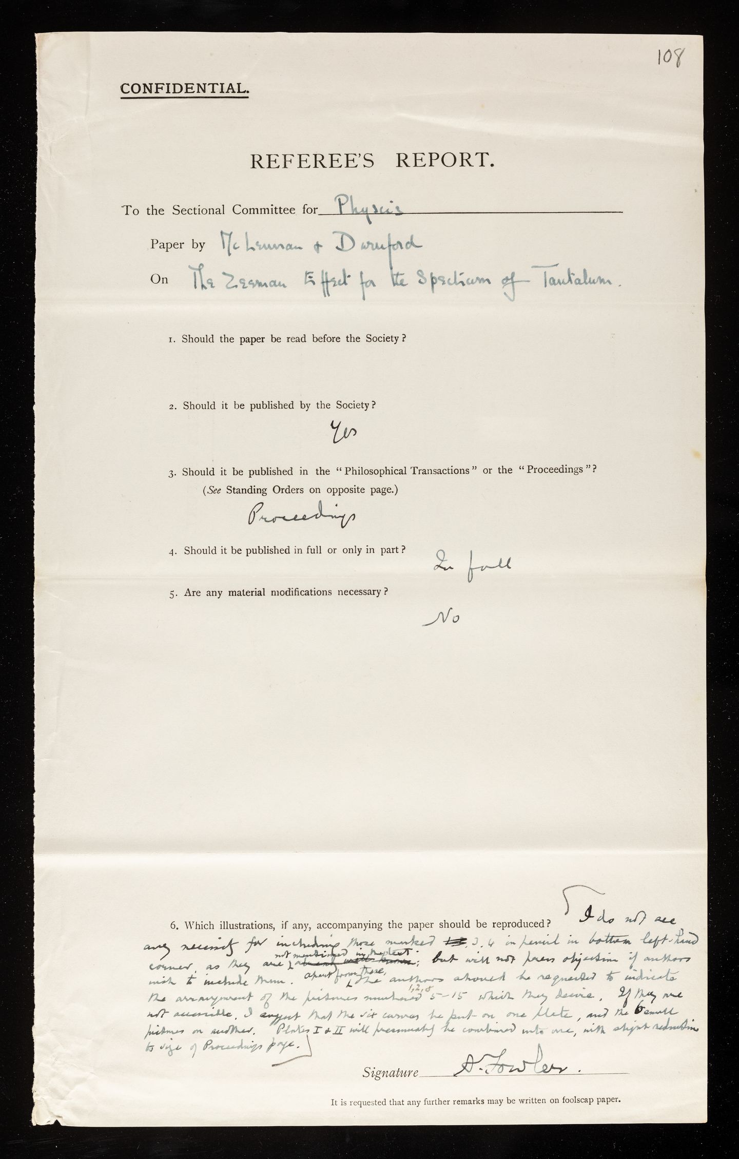 Referee's report by Alfred Fowler, on a paper 'The zeeman effect for ...