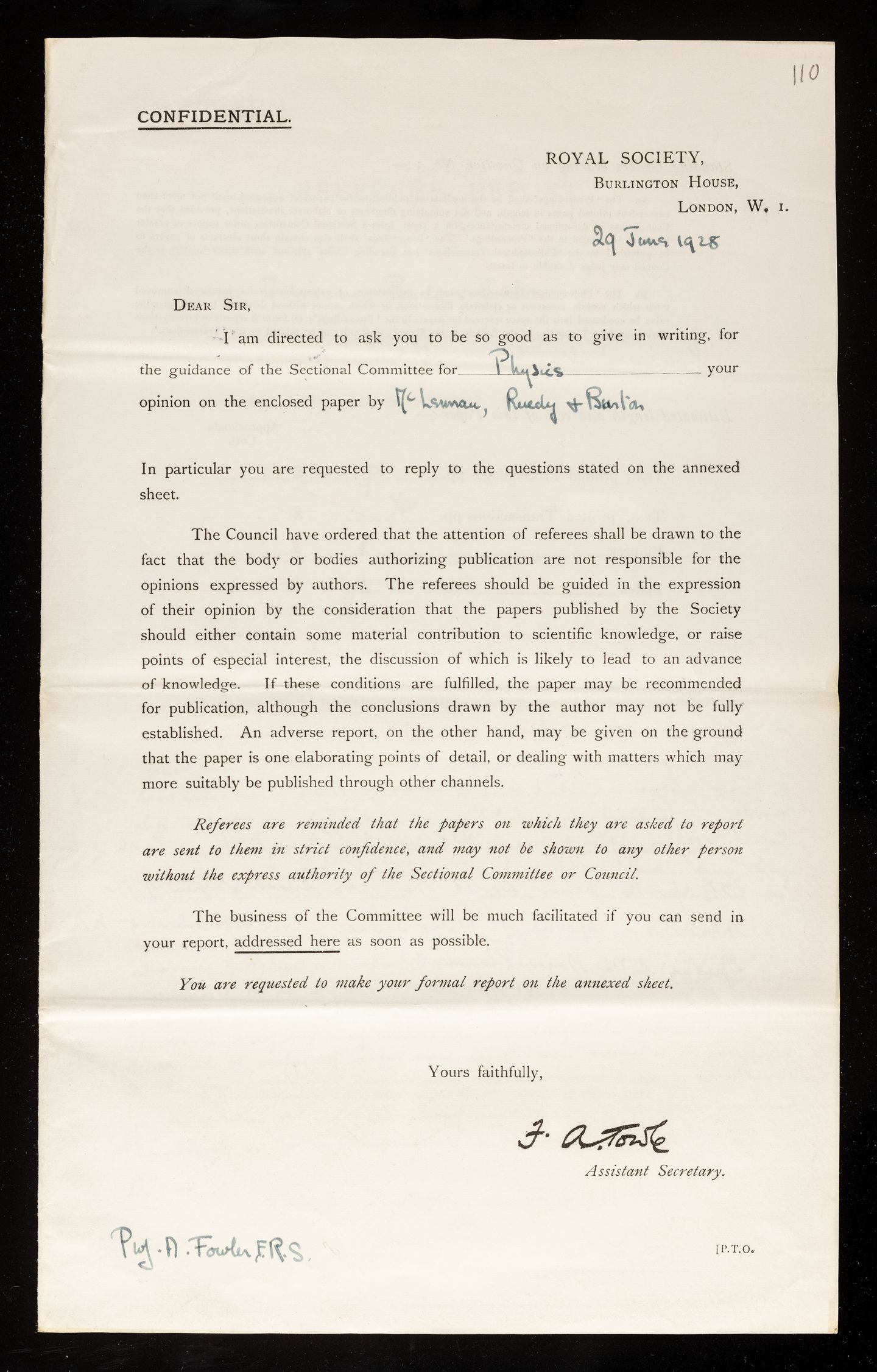 Referee's report by Alfred Fowler, on a paper 'An investigation of the ...