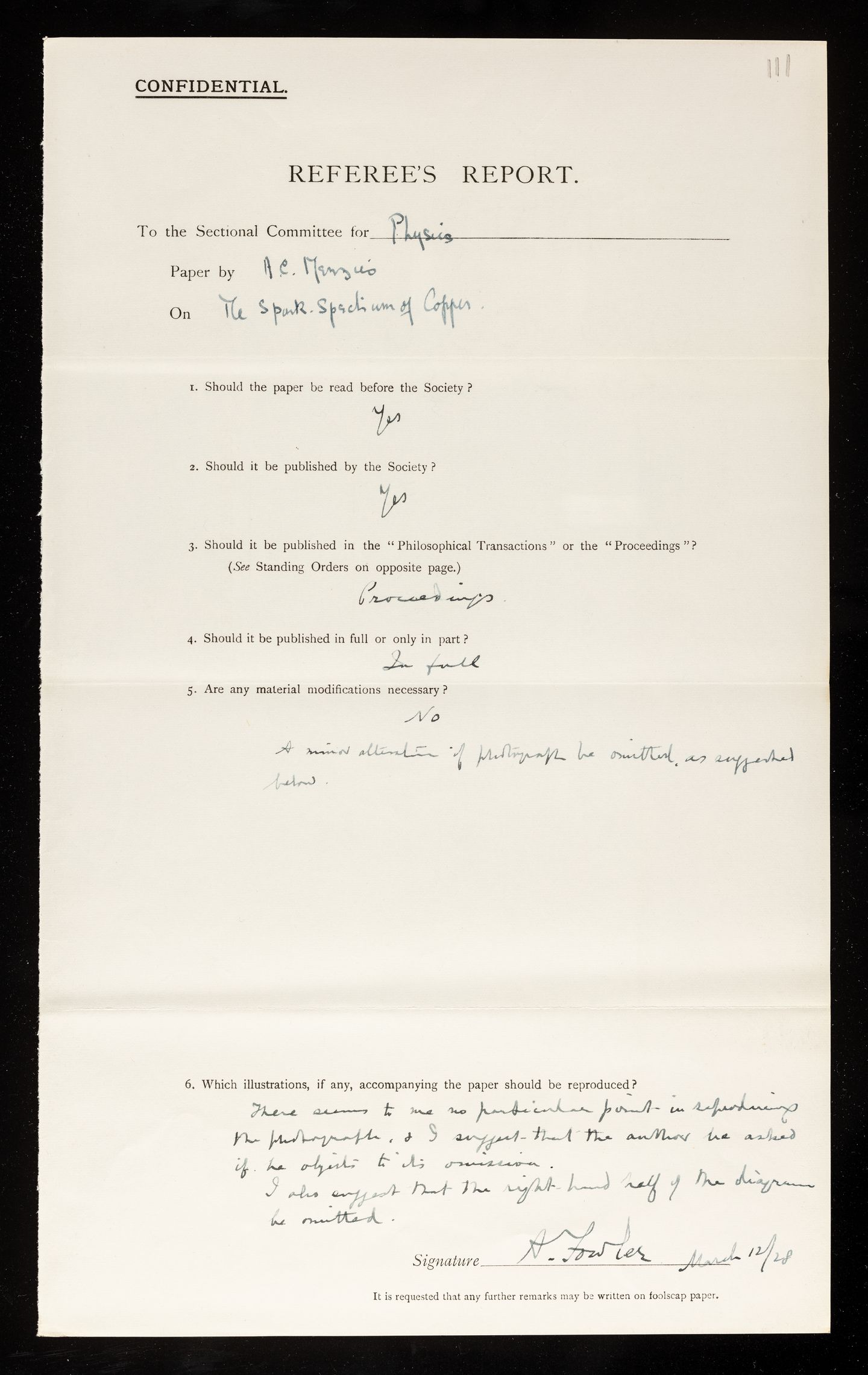 Referee's report by Alfred Fowler, on a paper 'The spark spectrum of ...