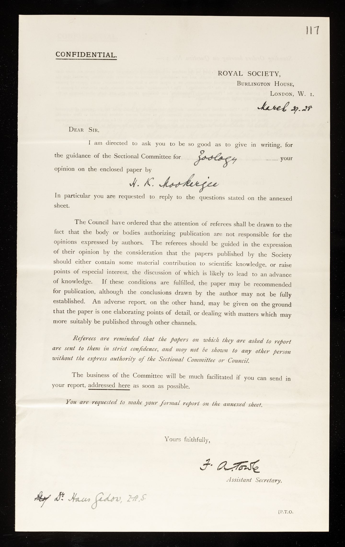 Referee's report by Hans Friedrich Gadow, on a paper 'The study of the ...