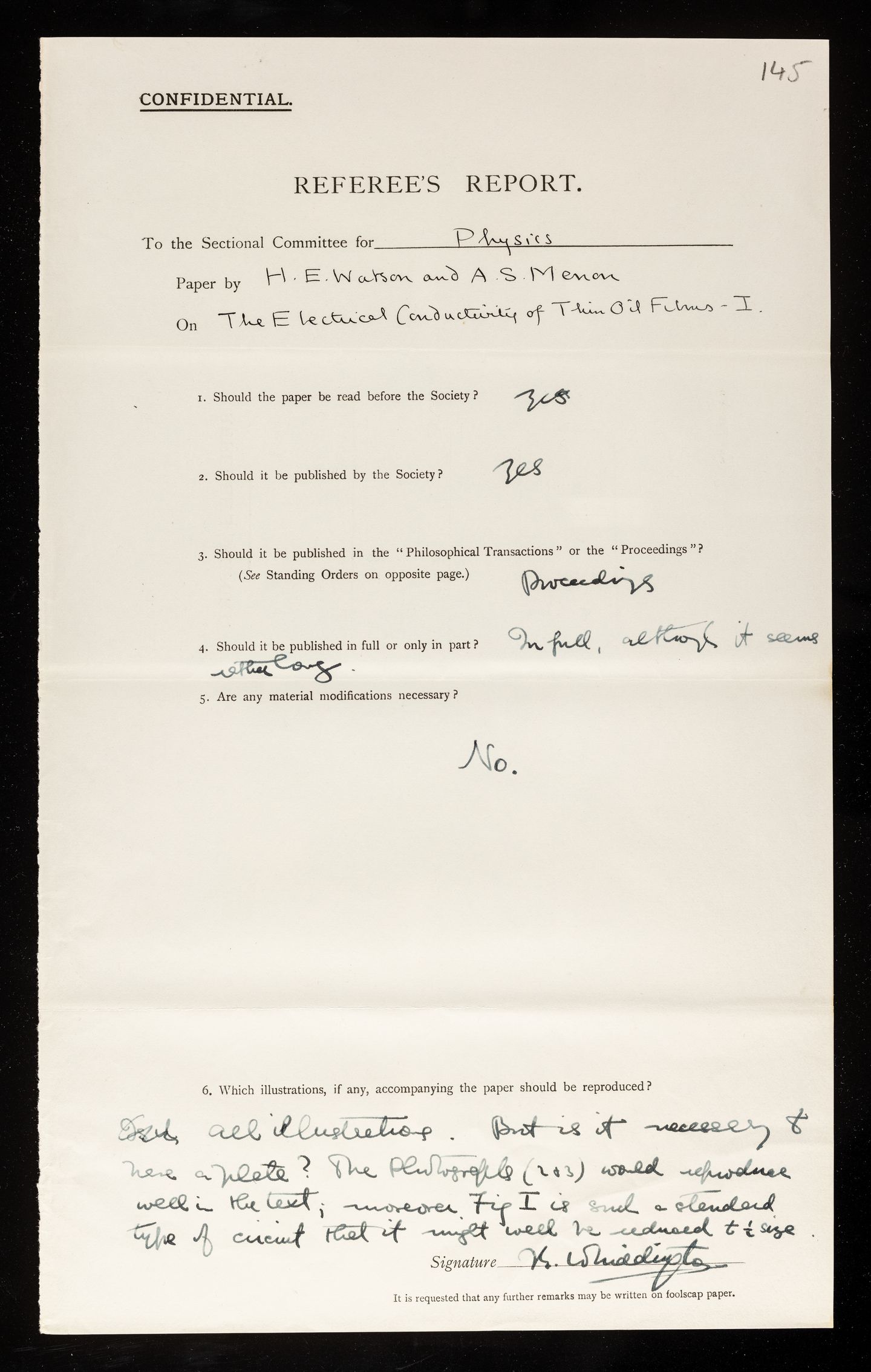 Referee's report by Richard Whiddington, on a paper 'The electrical ...