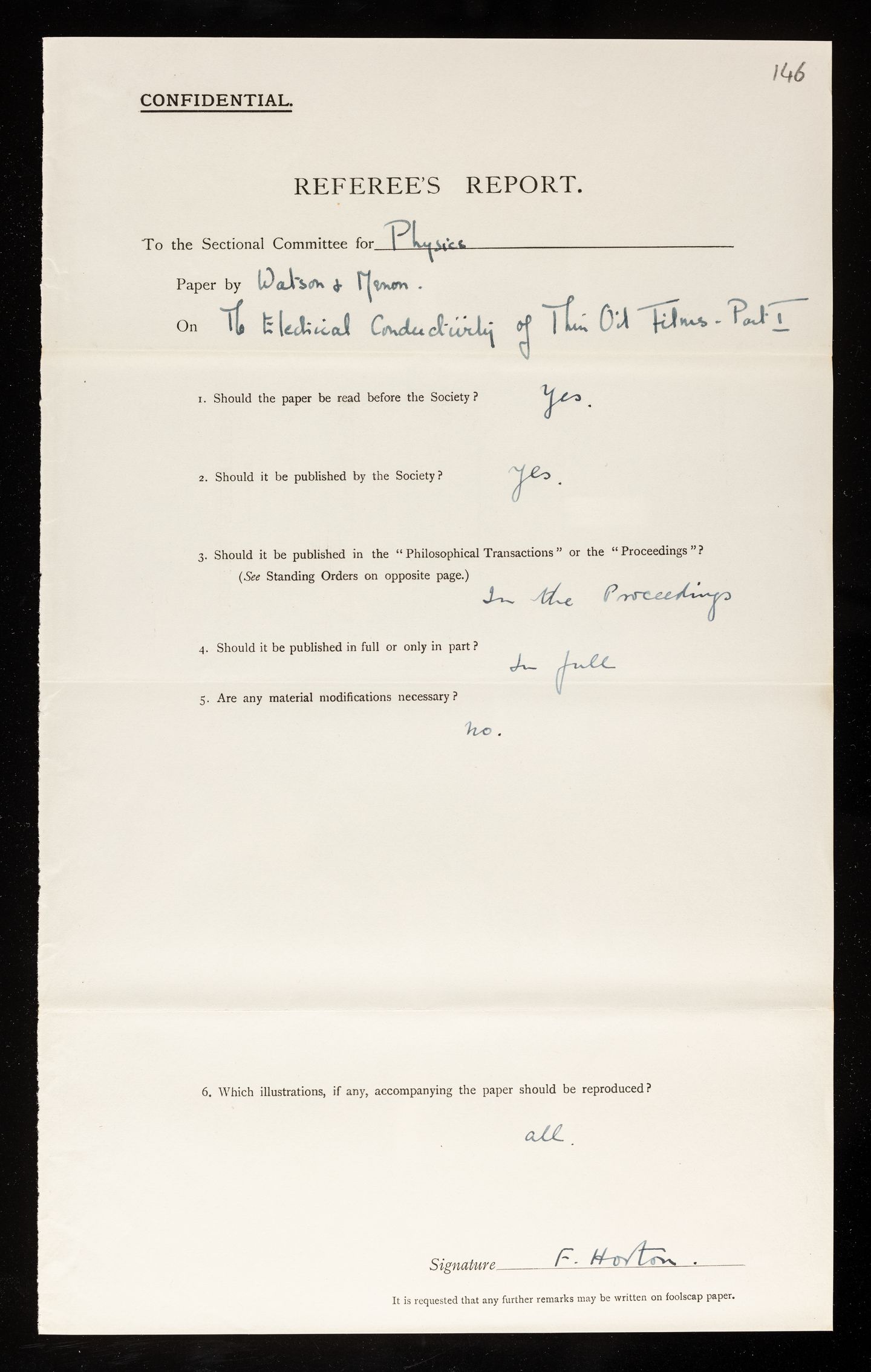 Referee's report by Frank Horton, on a paper 'The electrical conductivity of thin oil films ...