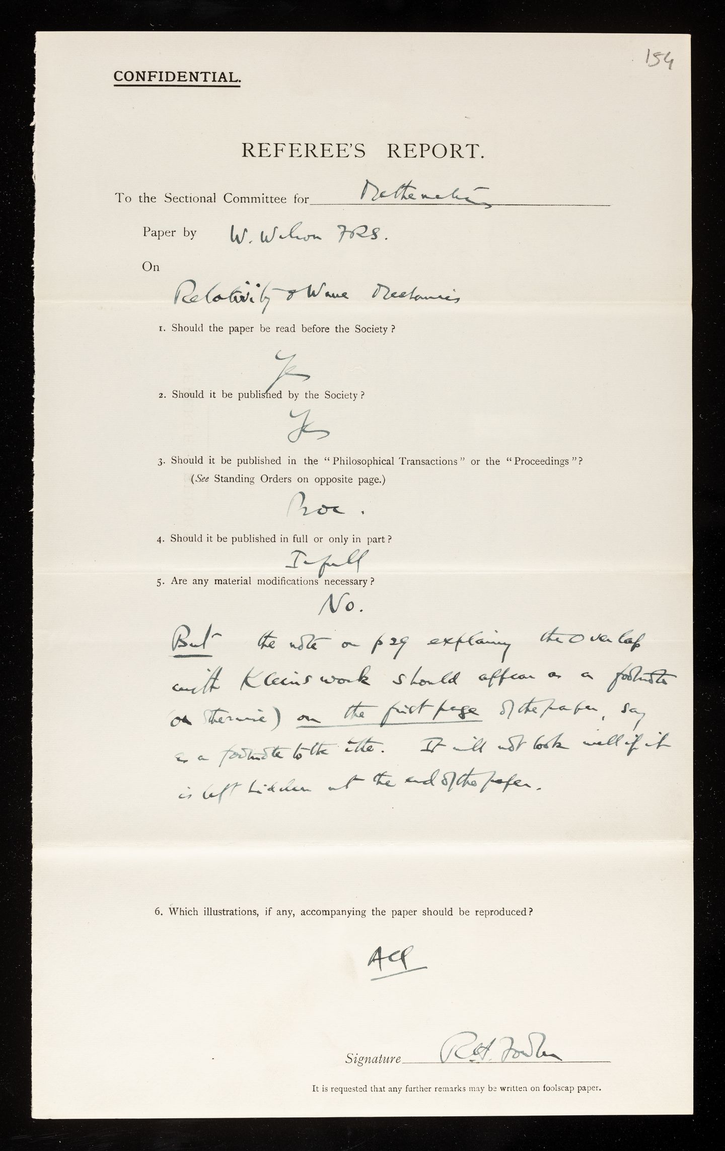 Referee's report by Ralph Howard Fowler, on a paper 'Relativity and ...