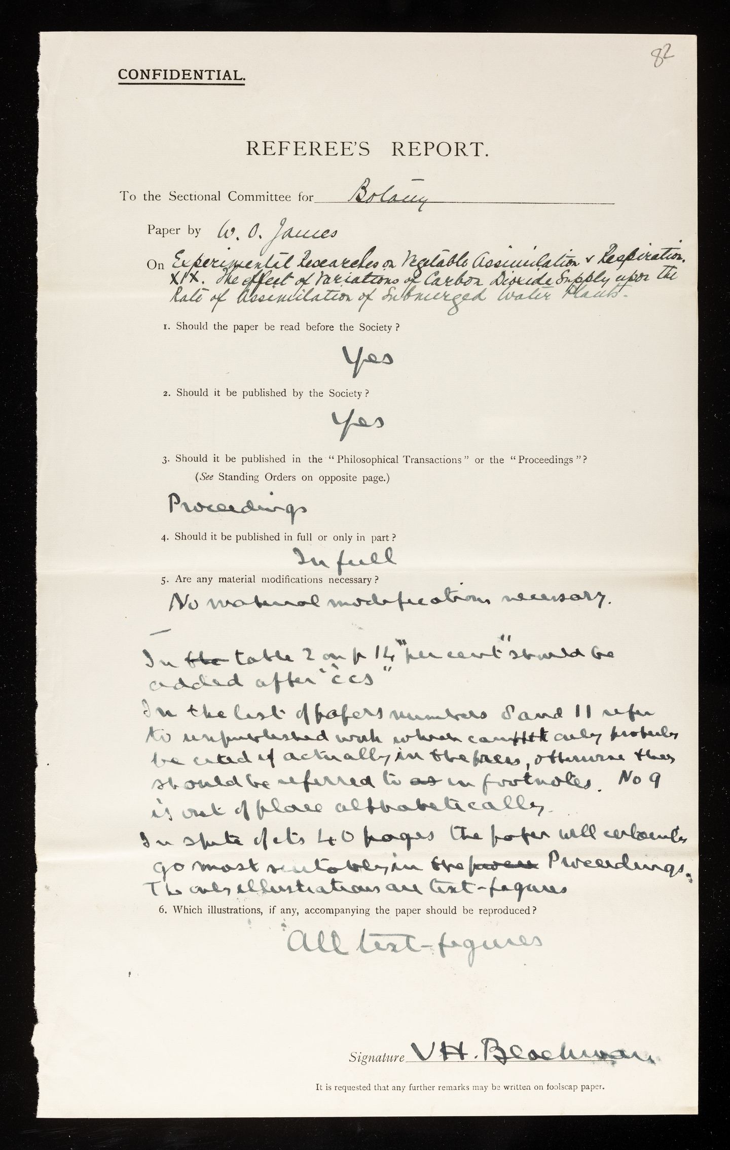Referee's report by Vernon Herbert Blackman, on a paper 'Experimental researches on vegetable ...