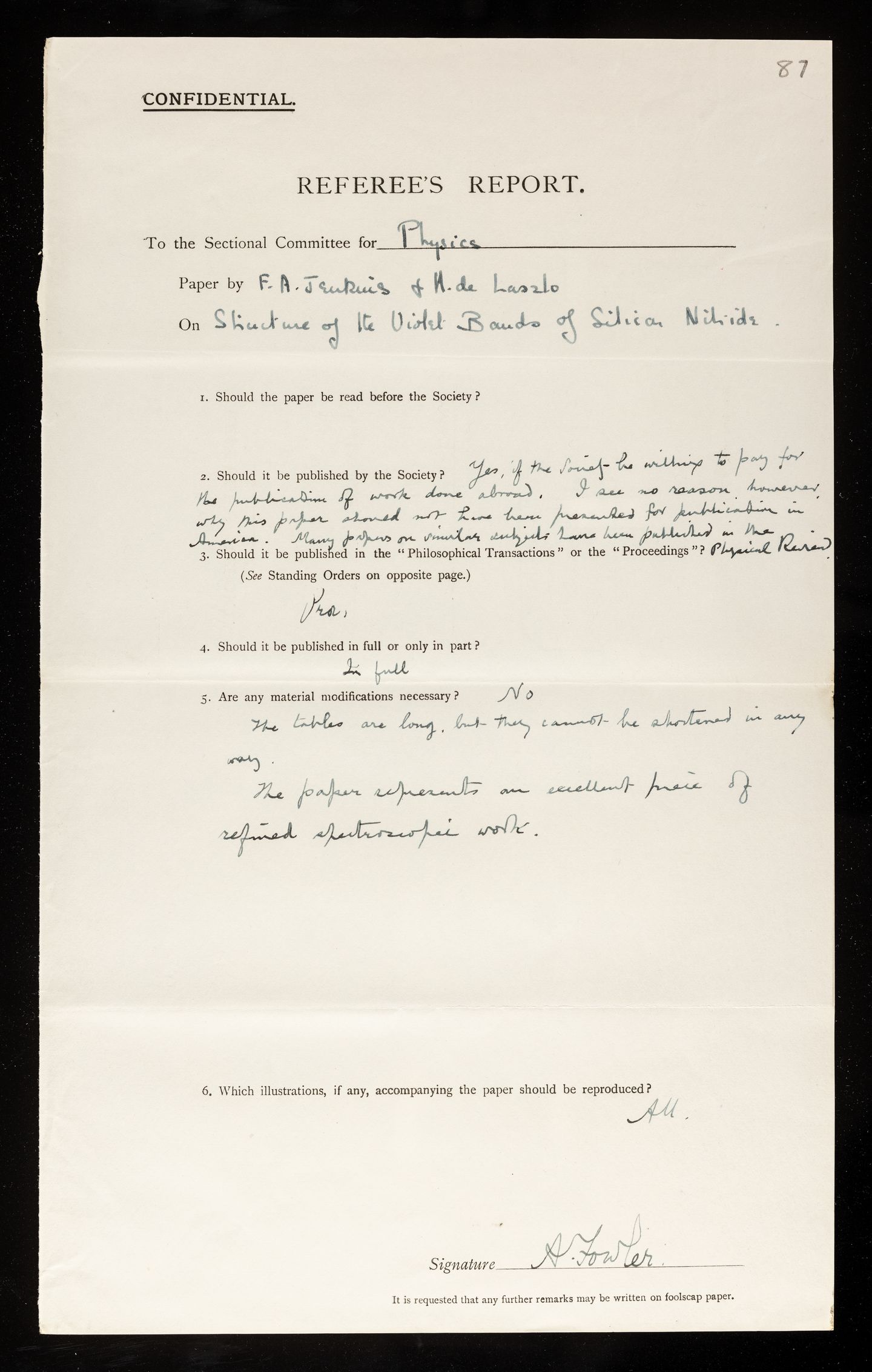 Referee's report by Alfred Fowler, on a paper 'Structure of the violet ...