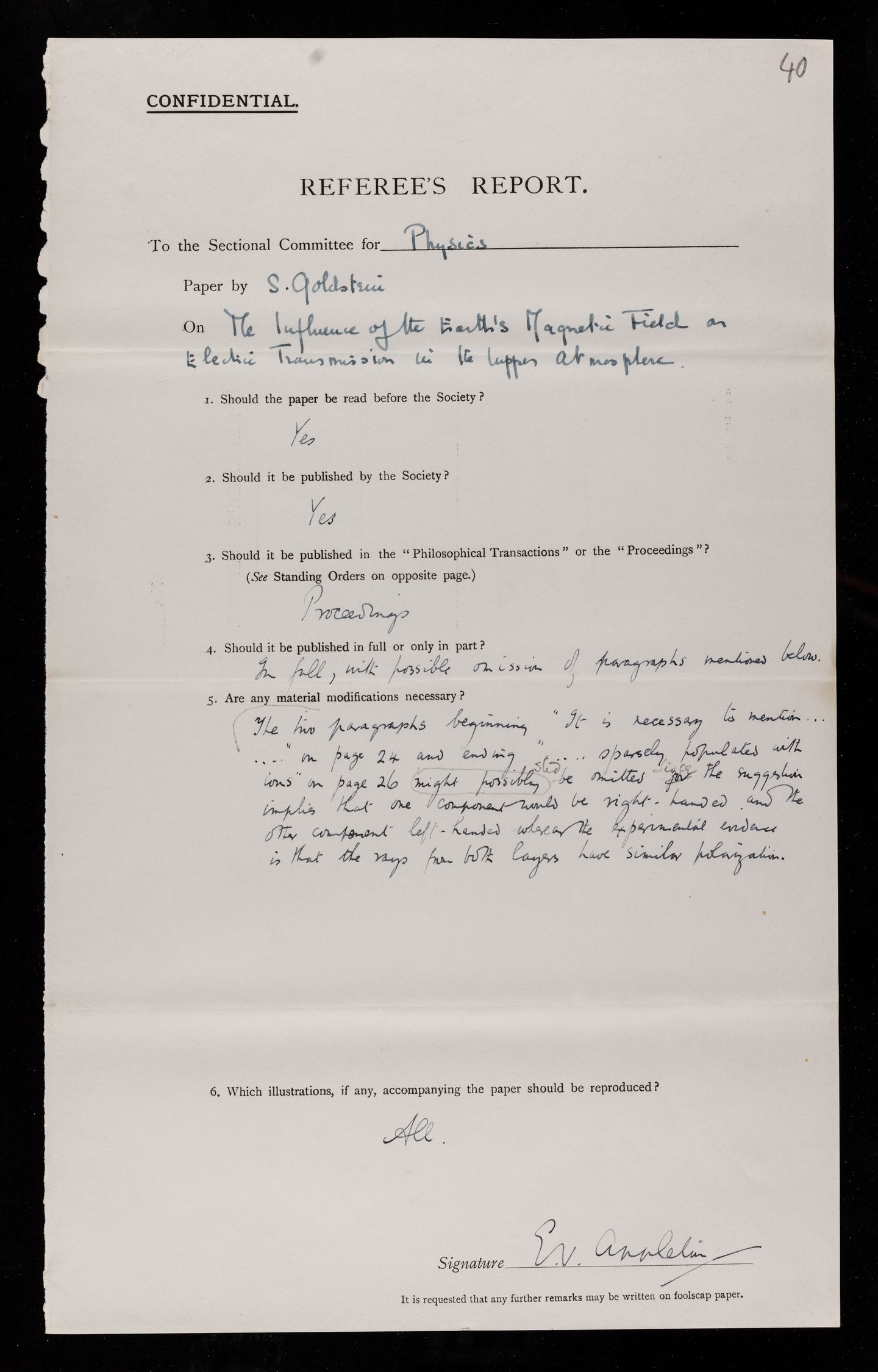 Referee's report by Edward Victor Appleton, on a paper 'The influence ...