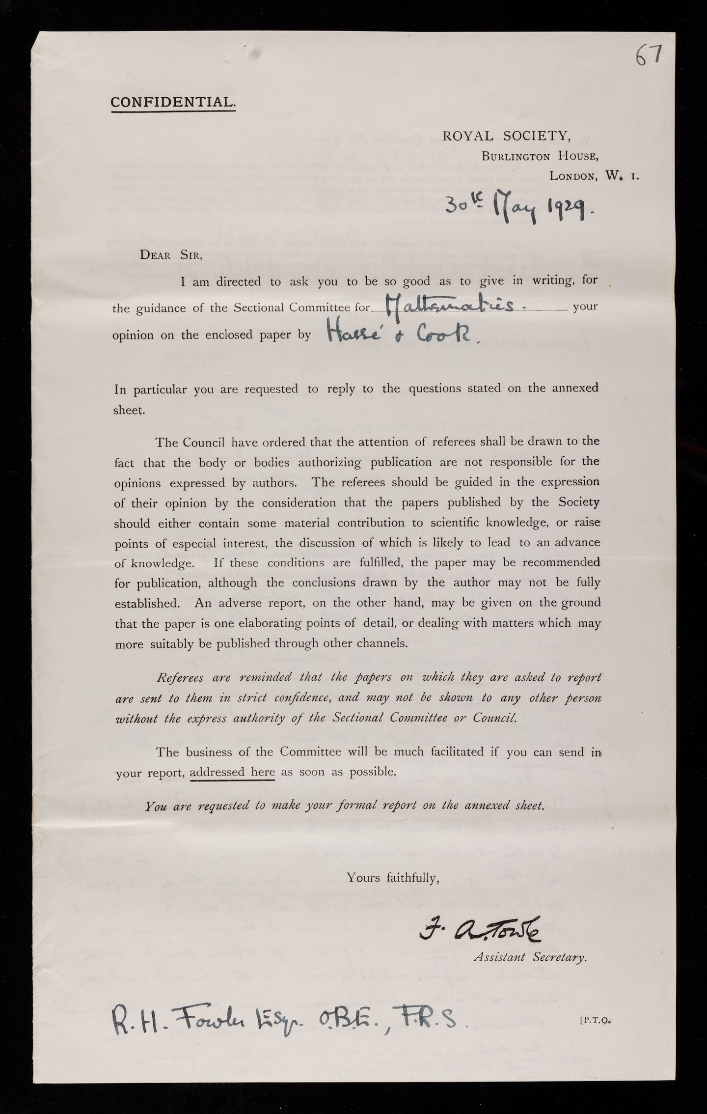 Referee's report by Ralph Howard Fowler, on a paper 'The determination ...