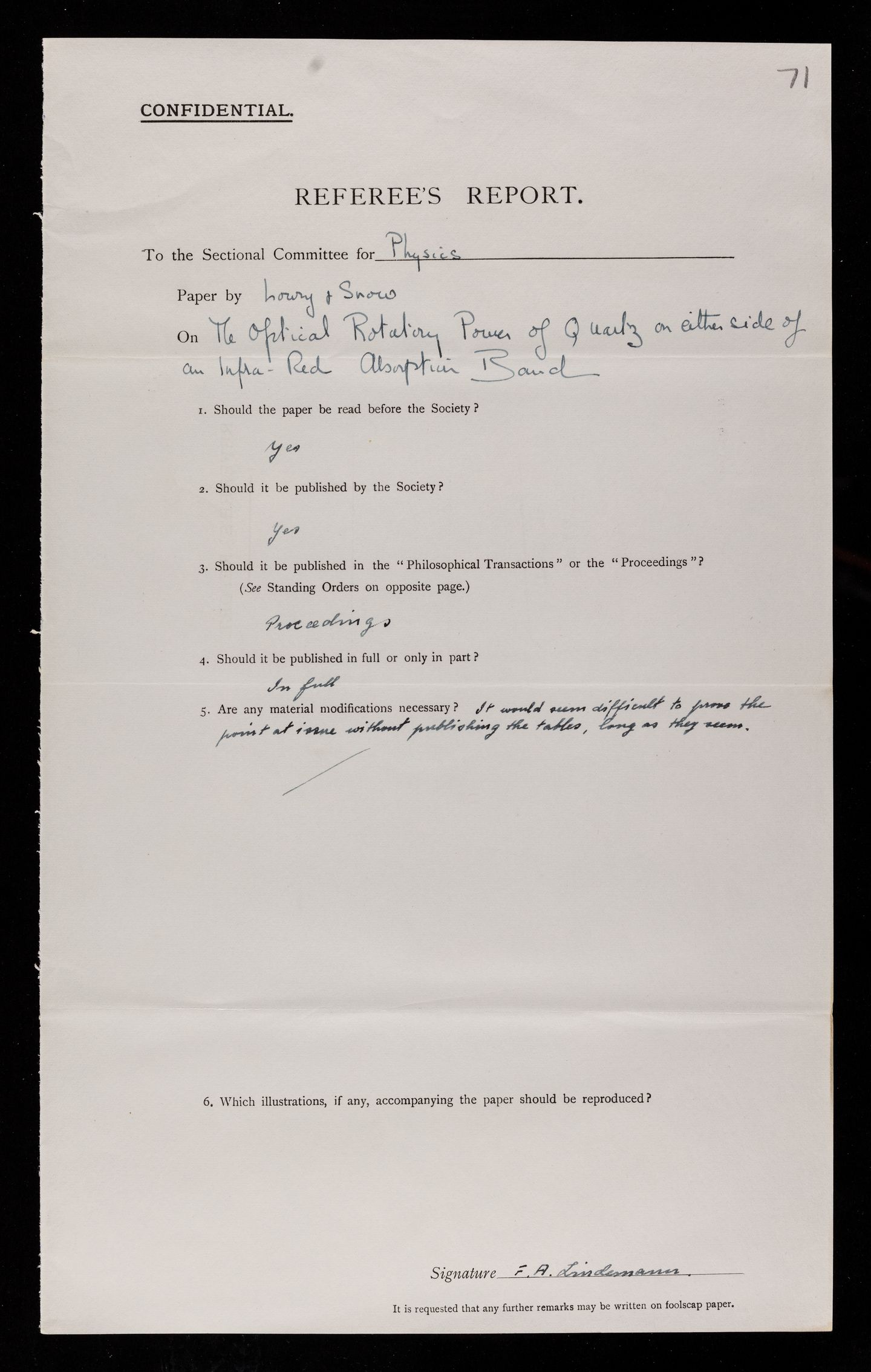 Referee's report by Frederick Alexander Lindemann, on a paper 'The ...