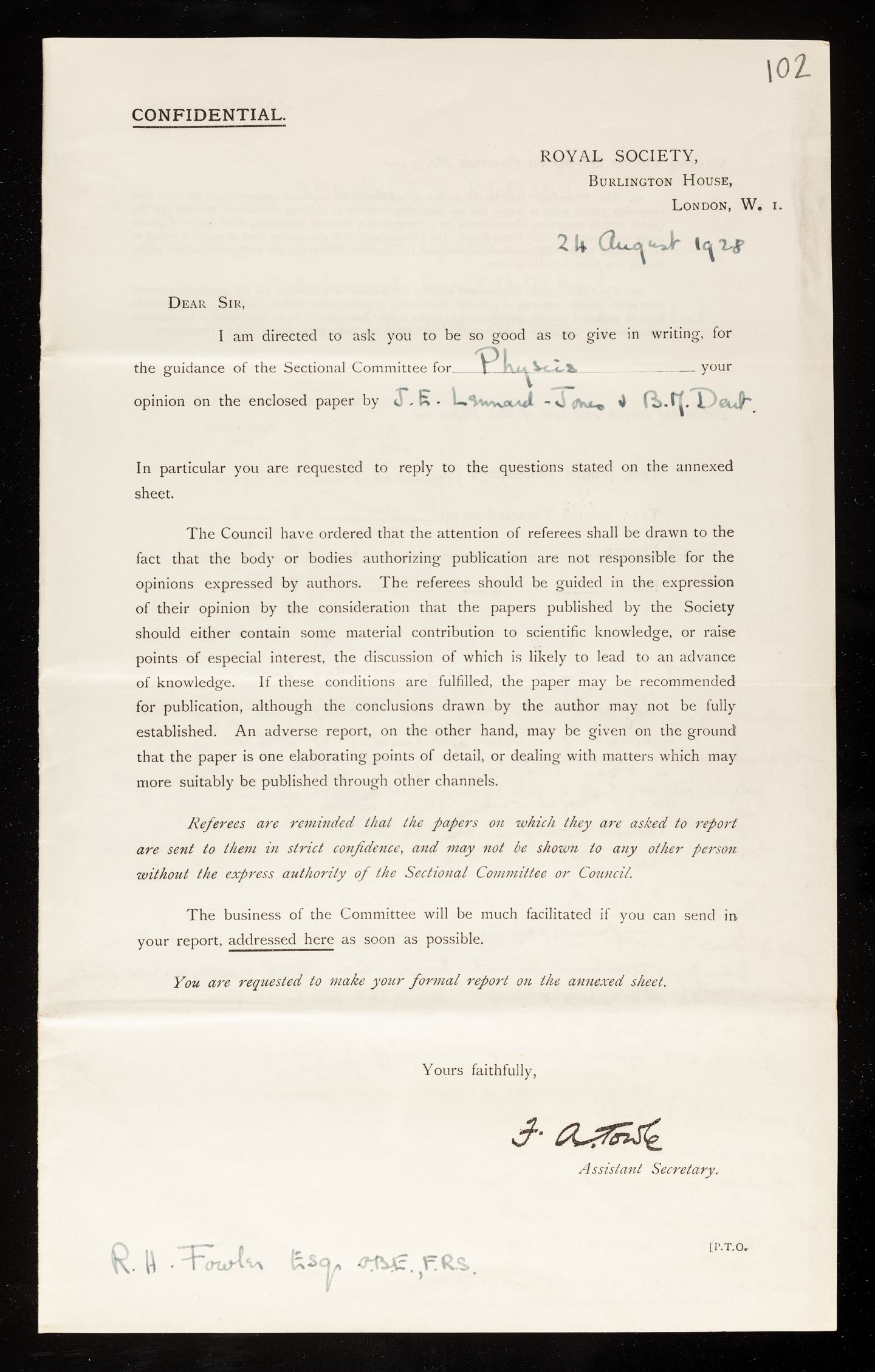 Referee's report by Ralph Howard Fowler, on a paper 'The change in lattice spacing at a crystal ...
