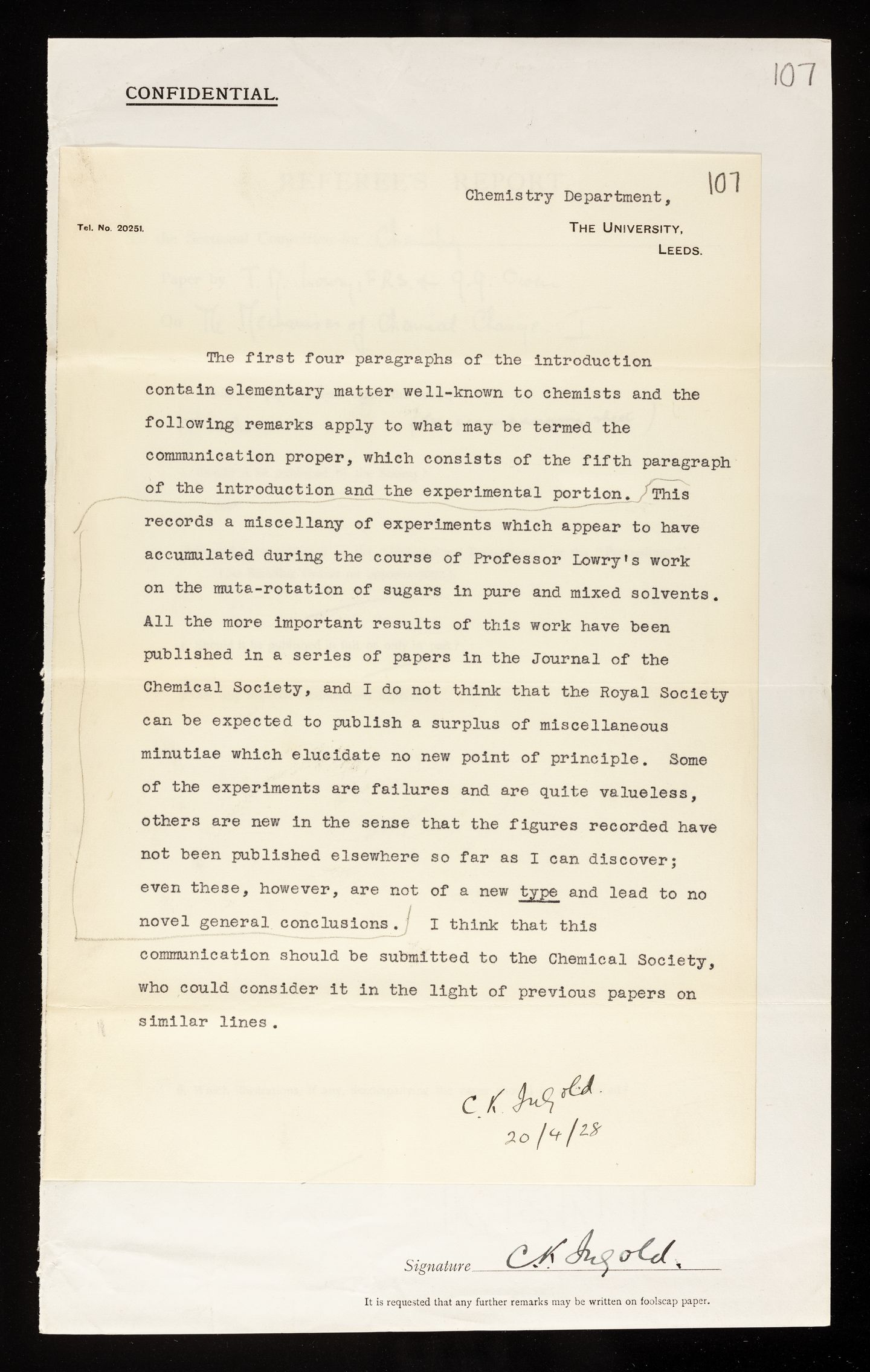 Referee's report by Christopher Kelk Ingold, on a paper 'The mechanism ...