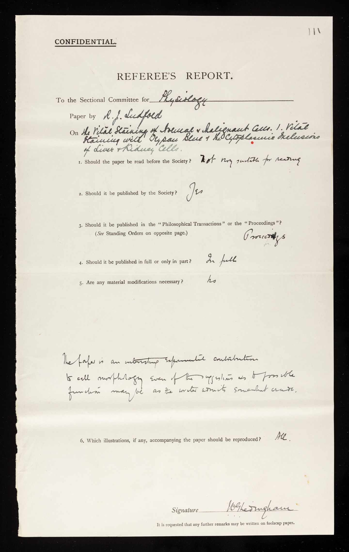 Referee's report by John Charles Grant Ledingham, on a paper 'The vital staining of normal and ...