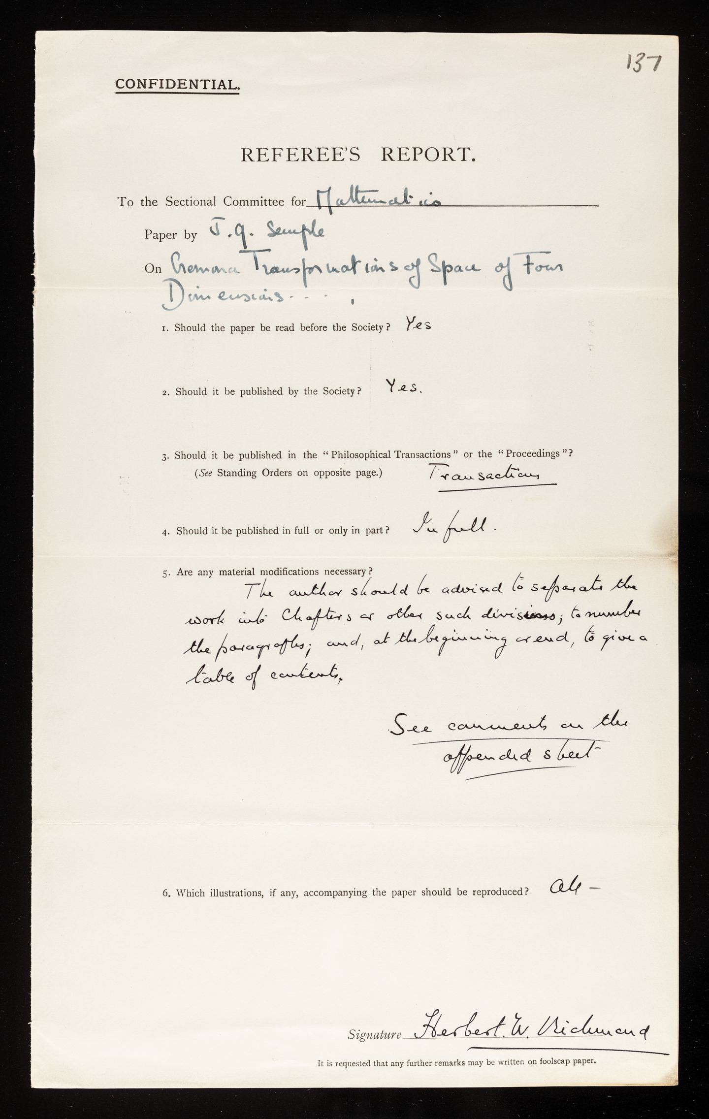 Referee's report by Herbert William Richmond, on a paper 'Cremona transformations of space of ...
