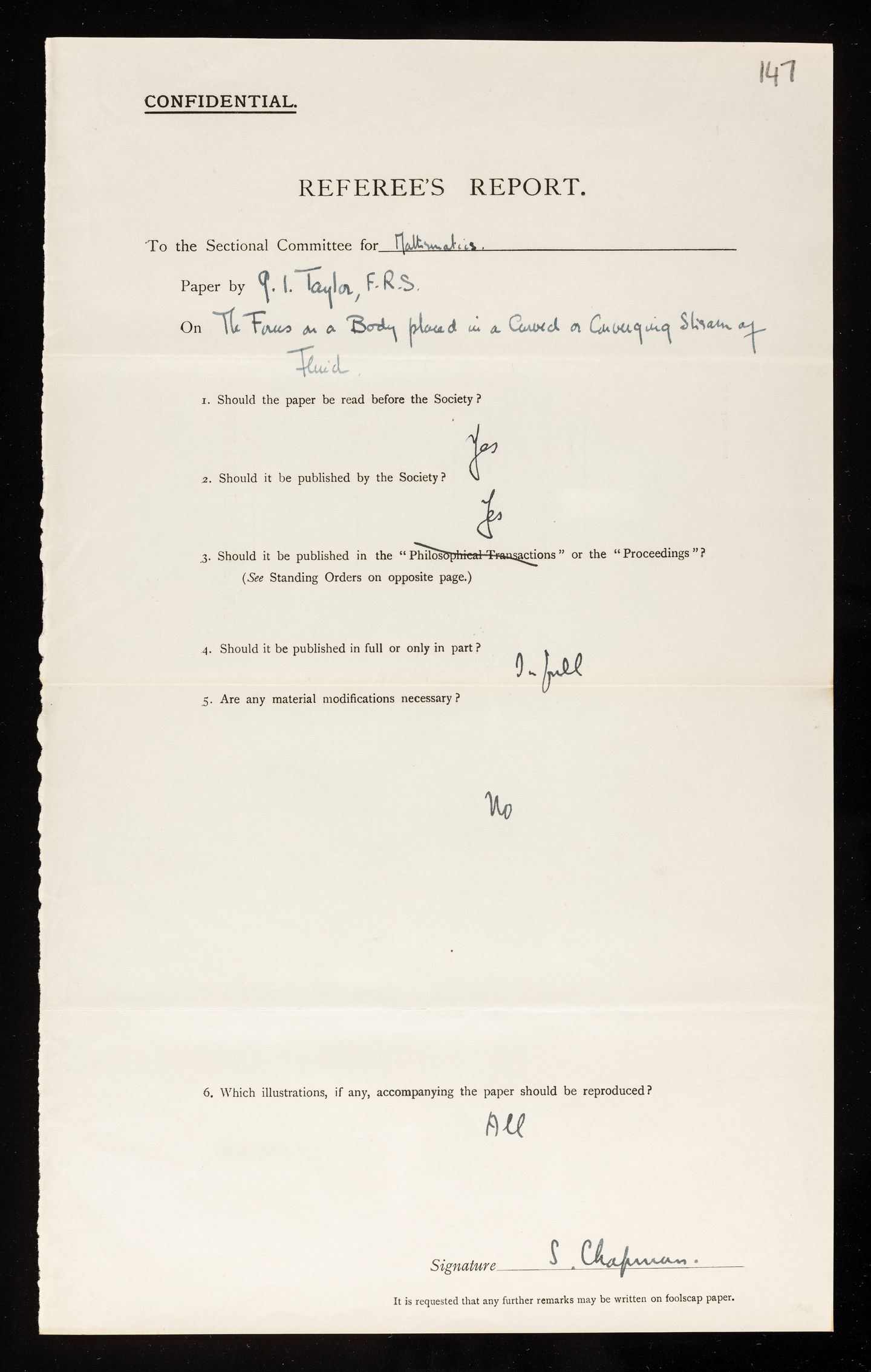 Referee's report by Sydney Chapman, on a paper 'The forces on a body ...