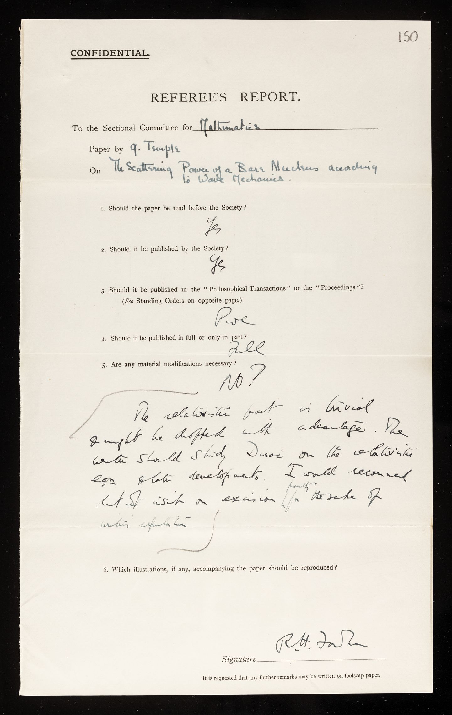 Referee's report by Ralph Howard Fowler, on a paper 'The scattering ...