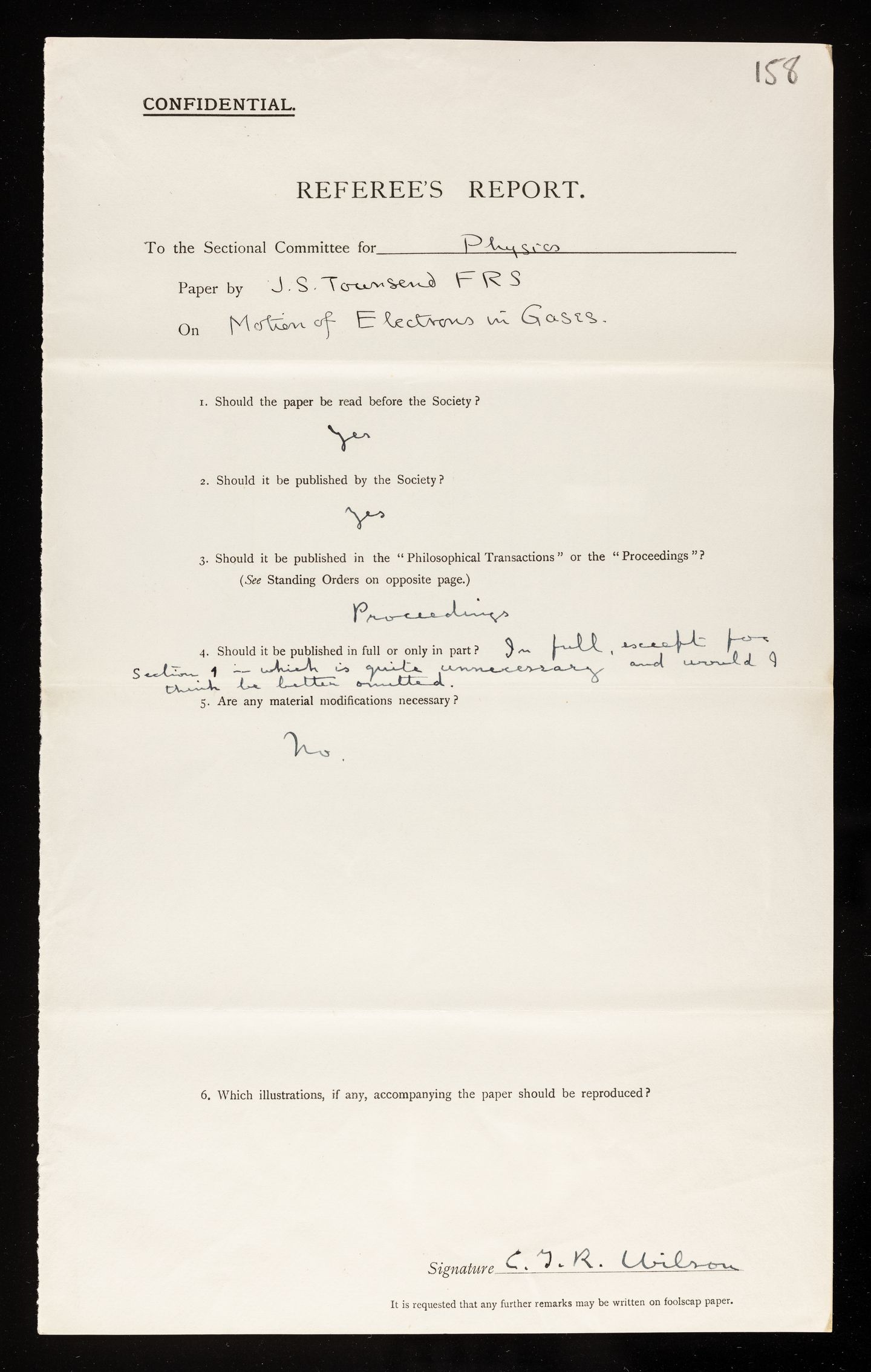 Referee's report by Charles Thomson Rees Wilson, on a paper 'Motion of ...