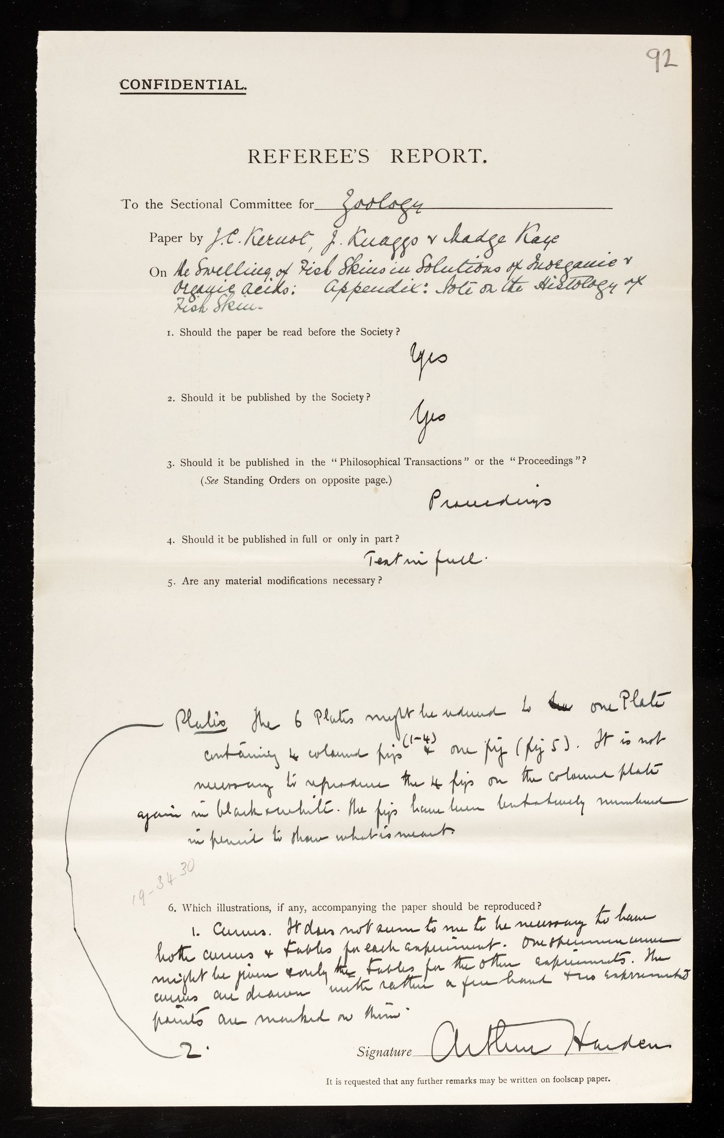 Referee's report by Arthur Harden, on a paper 'The swelling of fish ...