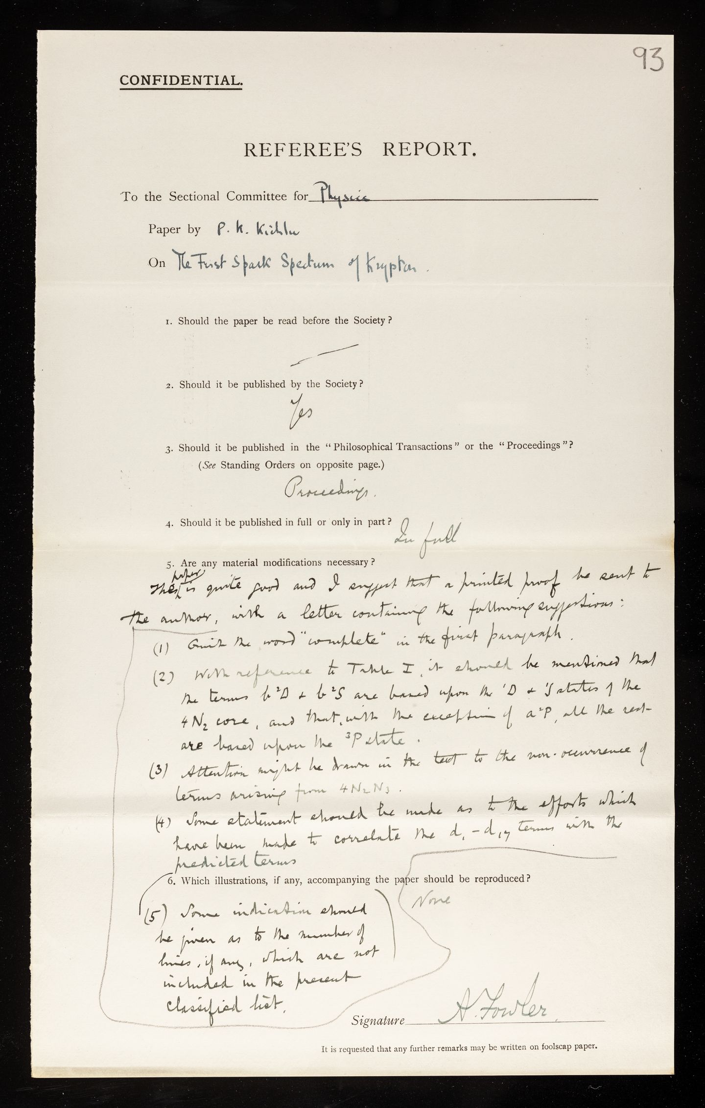 Referee's report by Alfred Fowler, on a paper 'The first spark spectrum ...