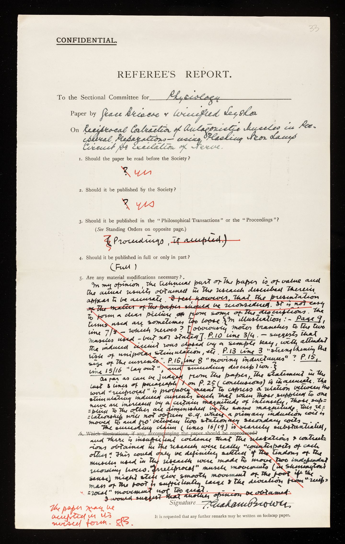 Referee's report by Thomas Graham Brown, on a paper 'Reciprocal contraction of antagonistic ...
