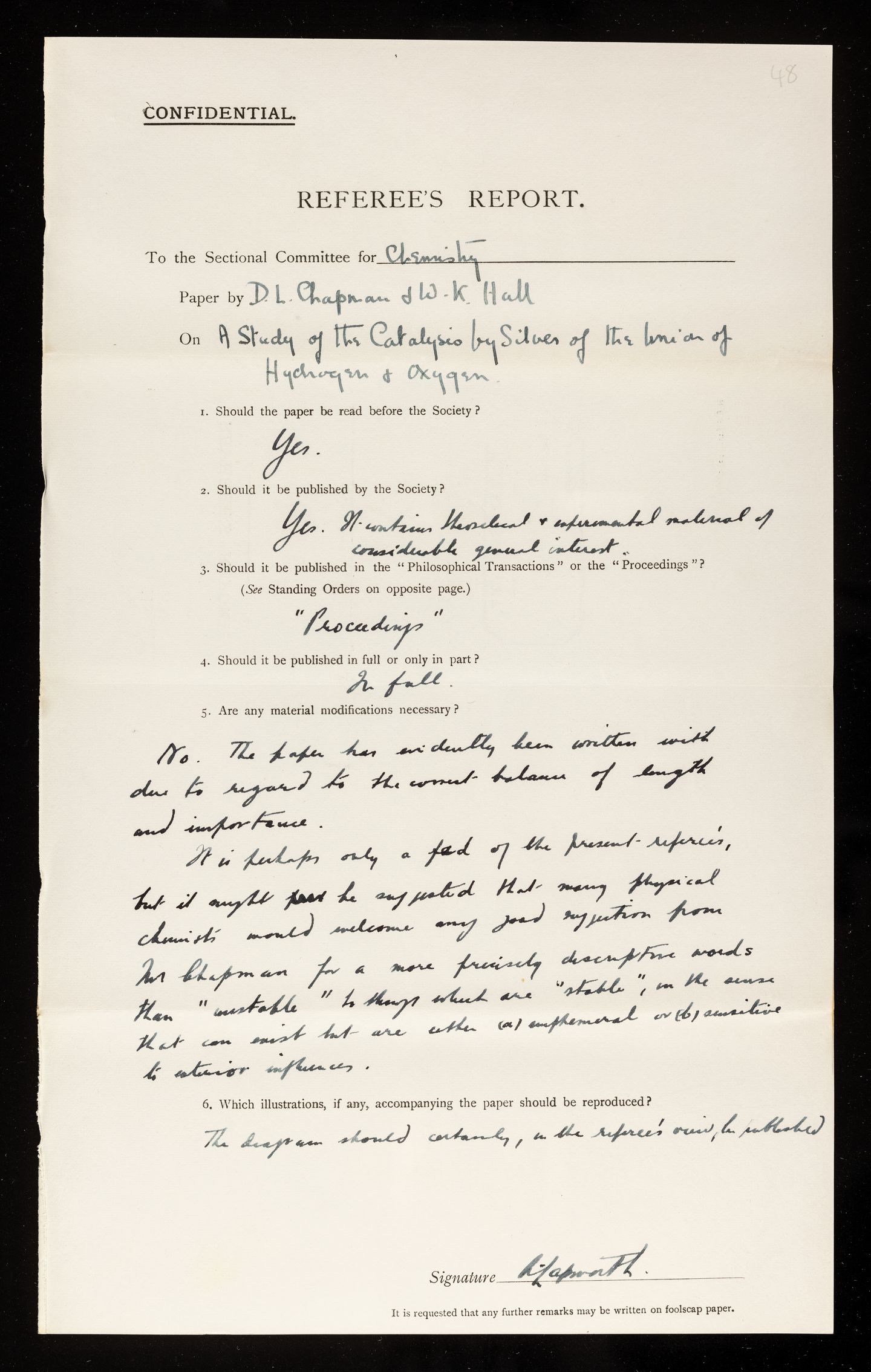 Referee's report by Arthur Lapworth, on a paper 'A study of the ...