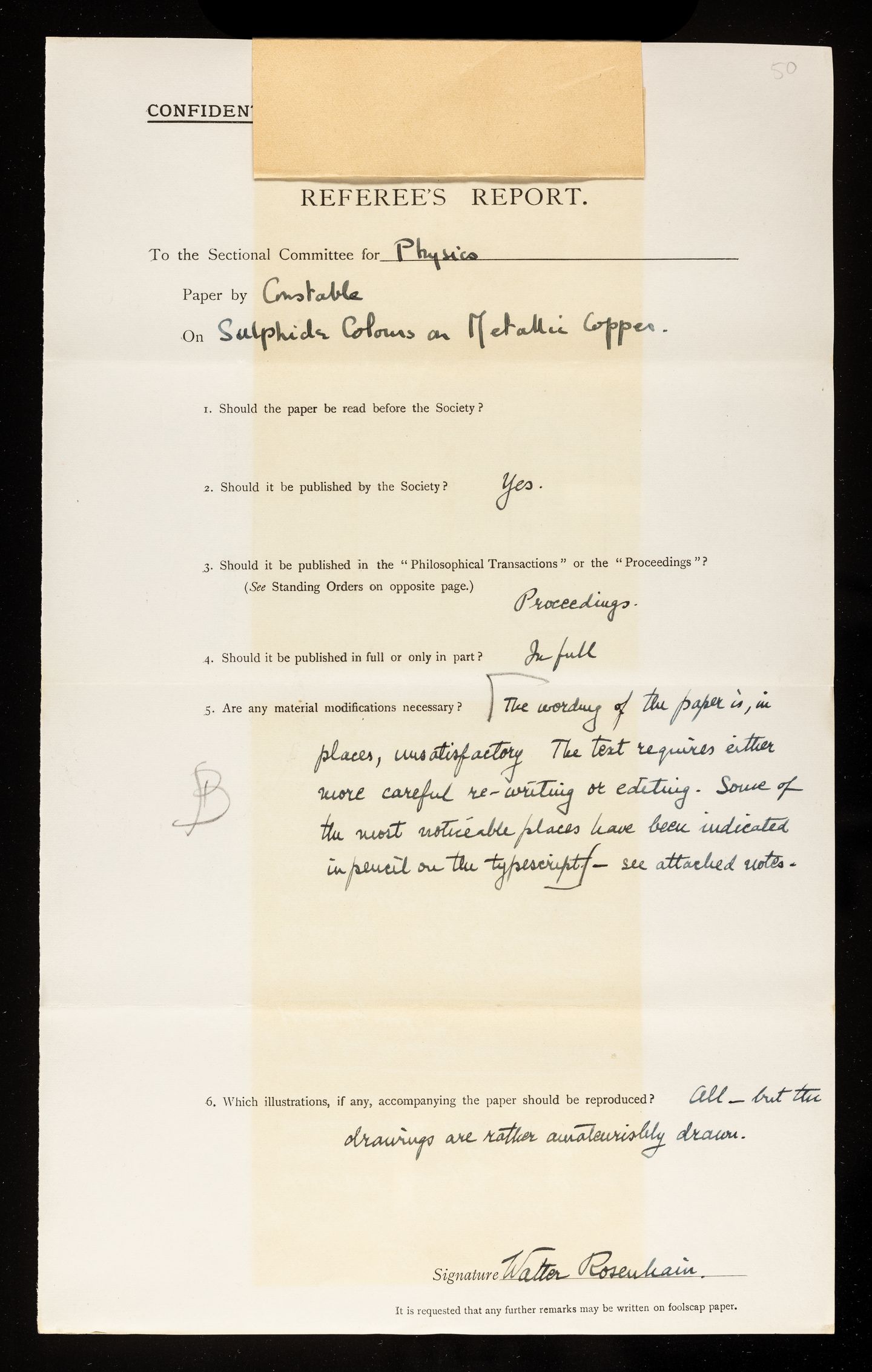 Referee's report by Walter Rosenhain, on a paper 'Sulphide colours on ...